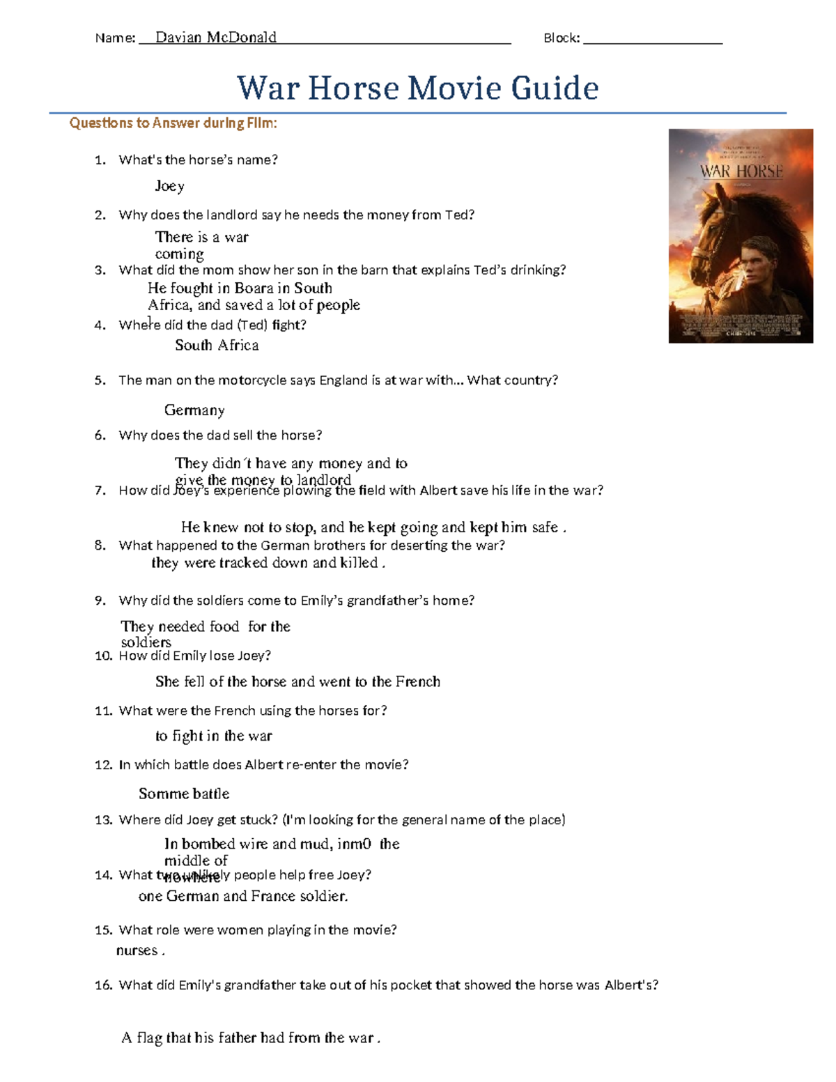 15 War Horse Viewing Guide - Name: Block: War Horse Movie Guide ...