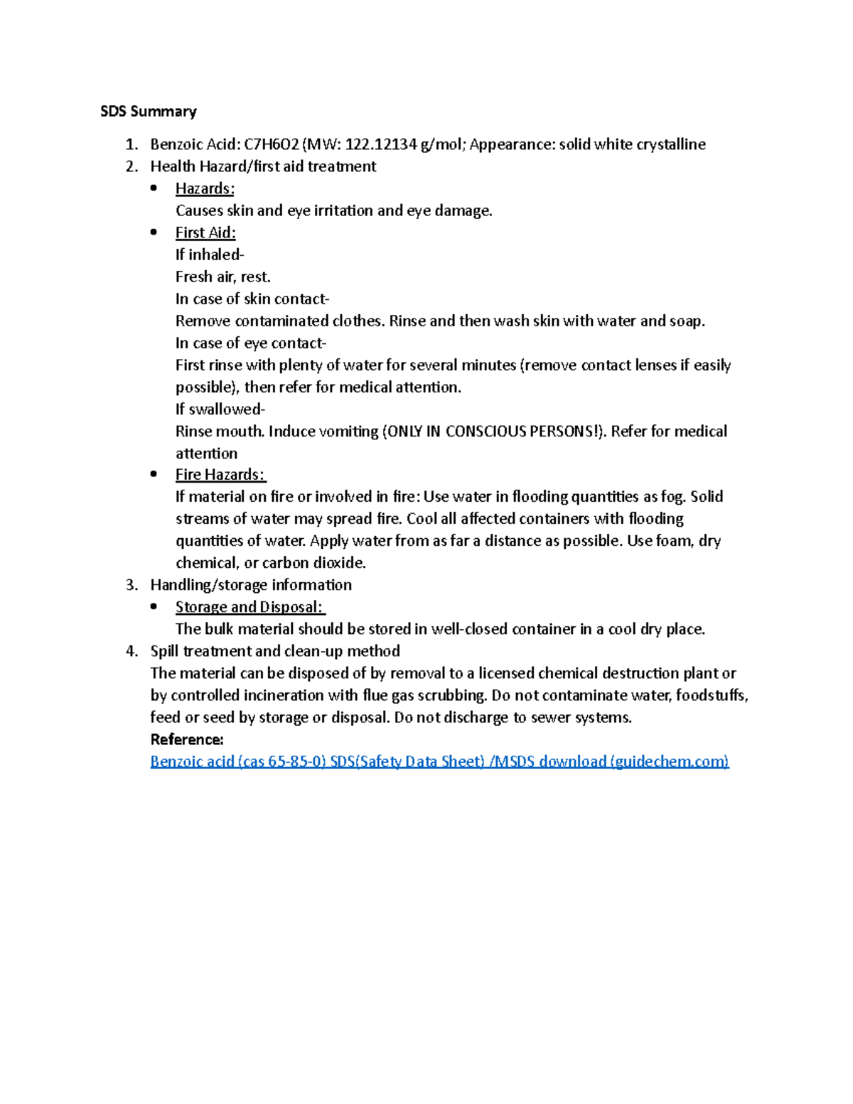 SDS Summary for substances of experiment - SDS Summary Benzoic Acid ...