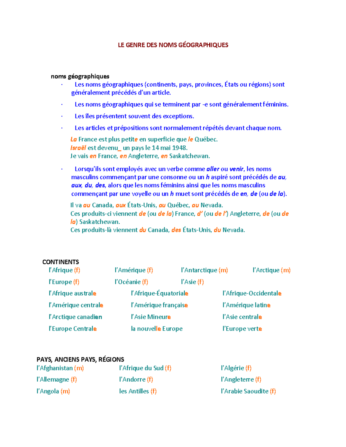 LE GENRE DES NOMS GÉOGRAPHIQUES - LE GENRE DES NOMS GÉOGRAPHIQUES noms ...