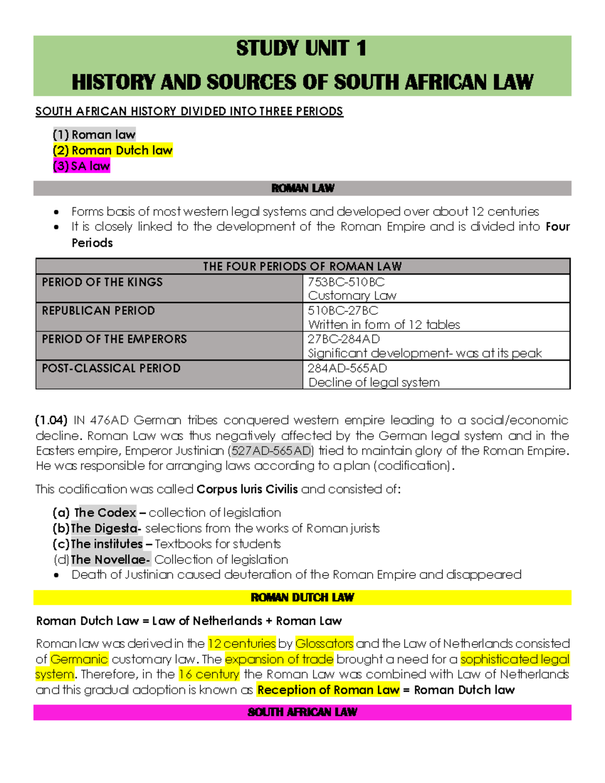 History AND Sources OF South African LAW - STUDY UNIT 1 HISTORY AND ...