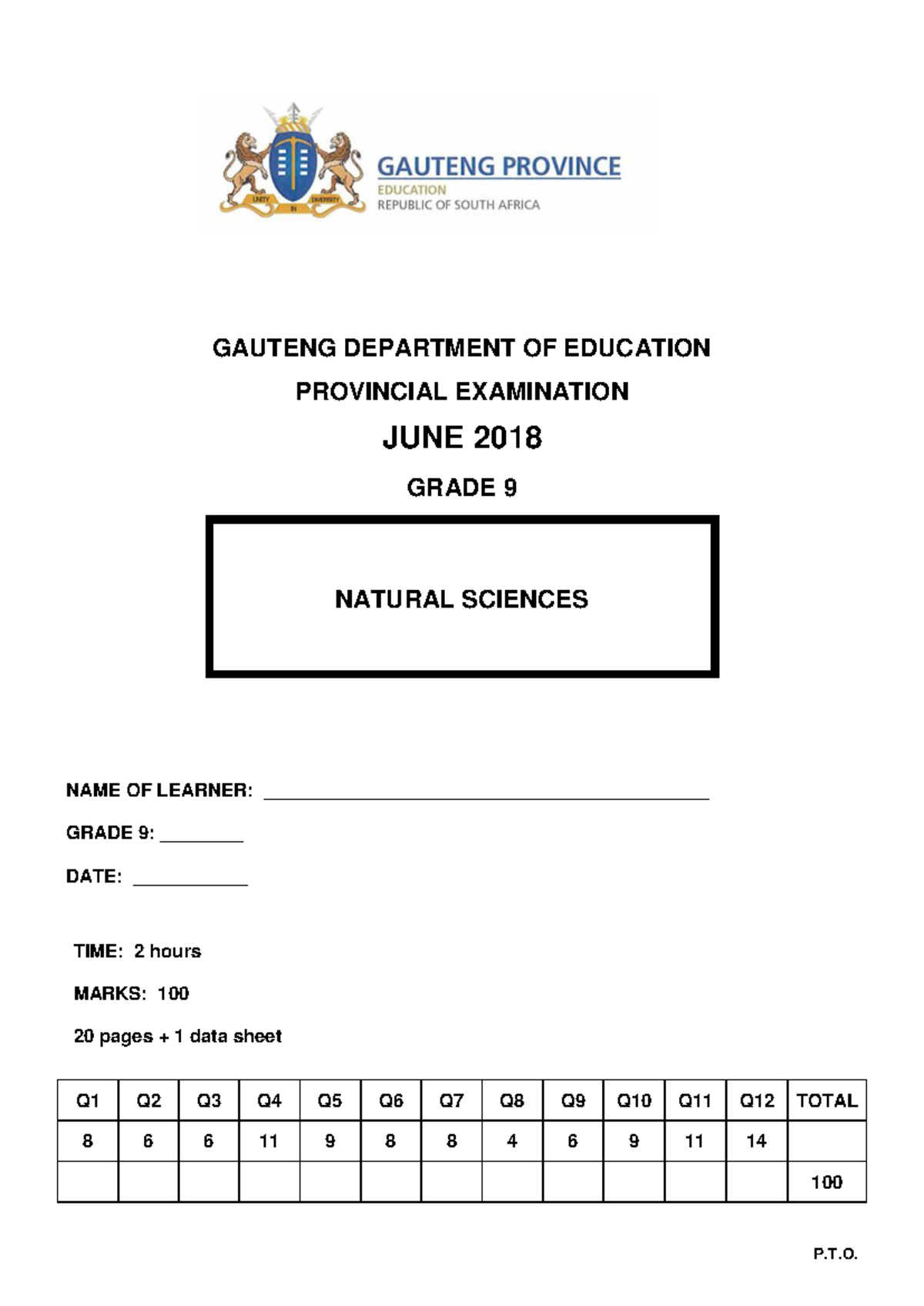 Grade 9 Provincial Exam Natural Sciences (English) June 2018 Question ...
