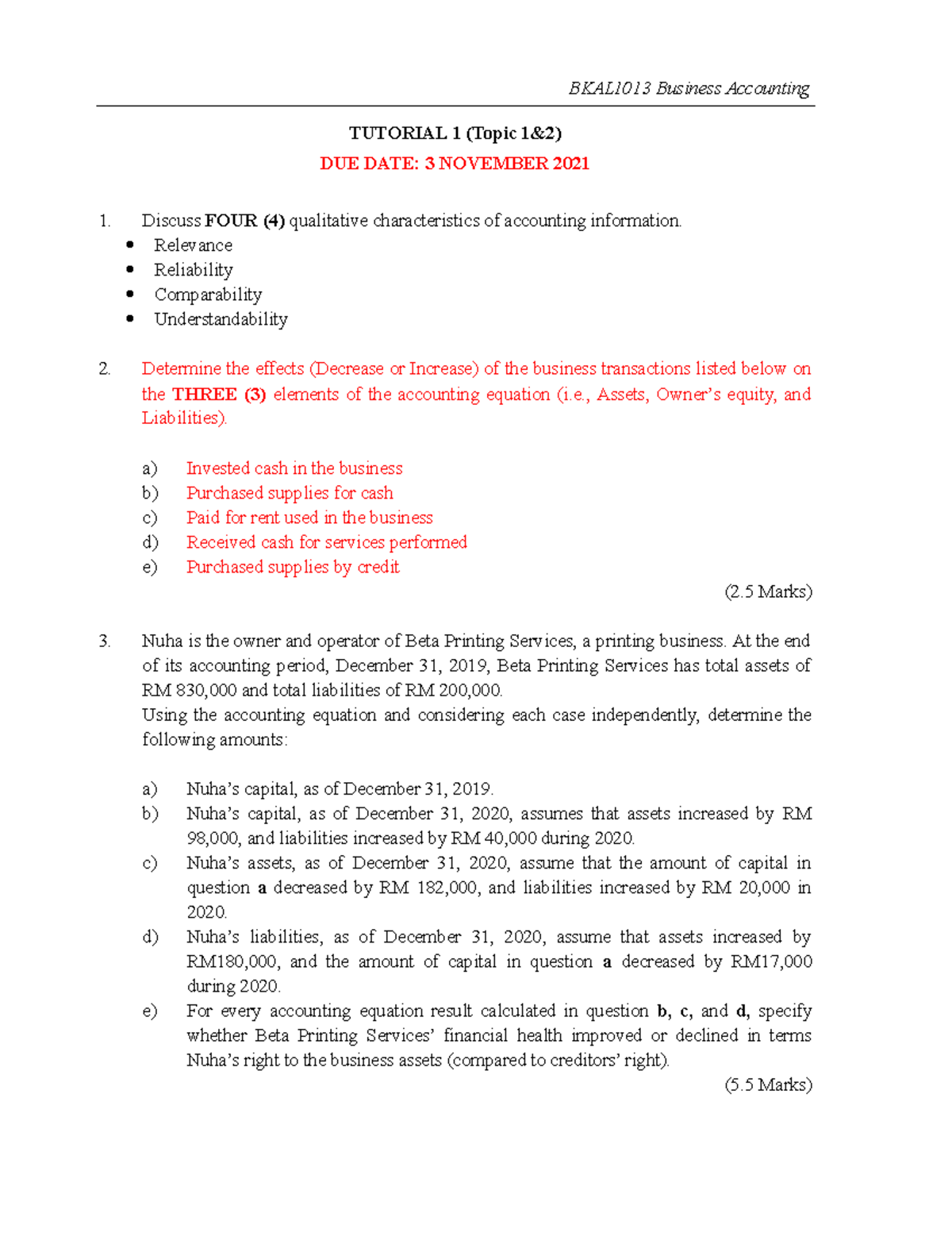 Tutorial business accounting - BKAL1013 Business Accounting TUTORIAL 1 ...