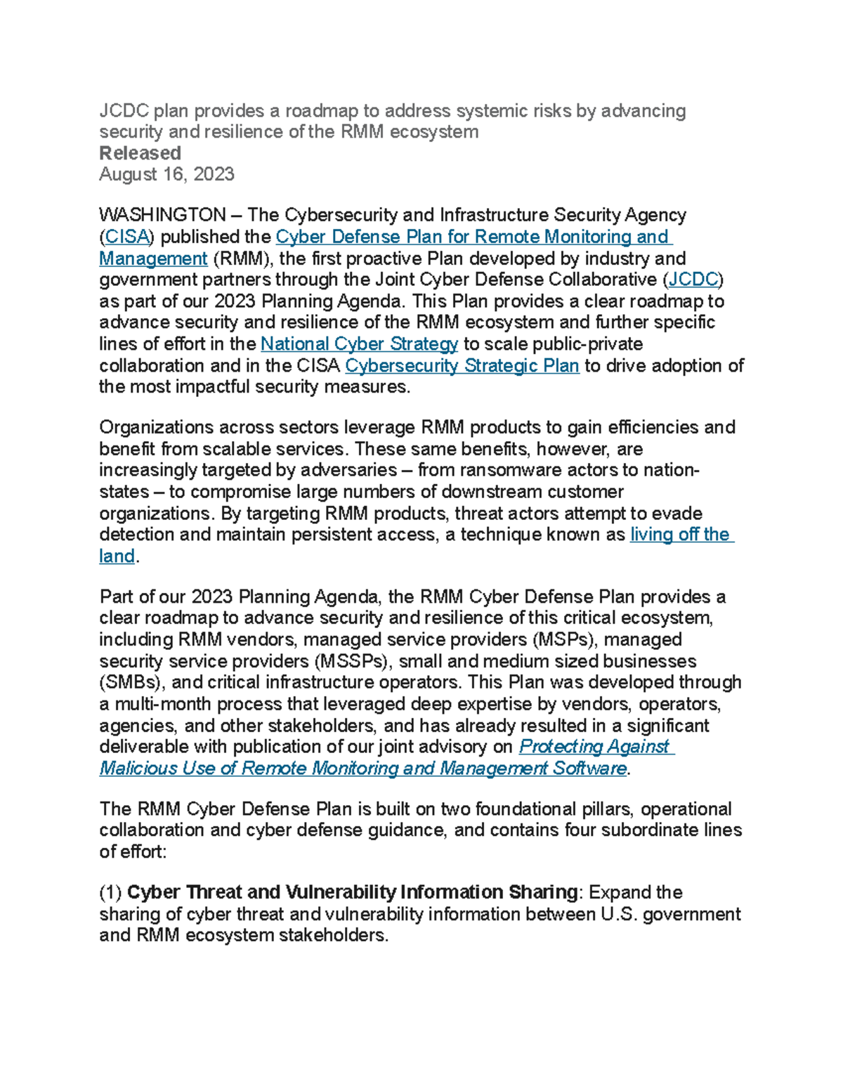 CISA Publishes JCDC Remote Monitoring and Management Systems Cyber Defense Plan - JCDC plan ...