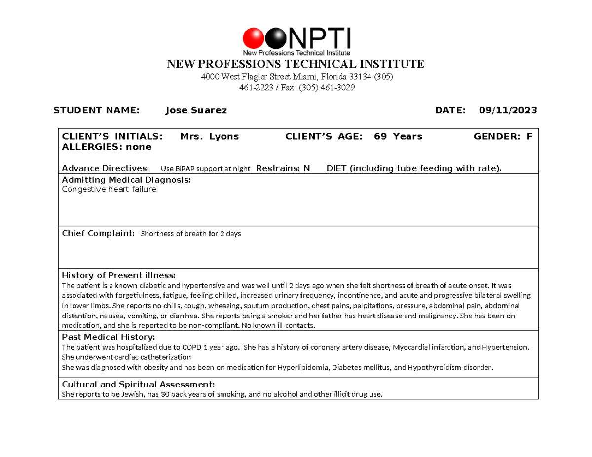 Care plan - NEW PROFESSIONS TECHNICAL INSTITUTE 4000 West Flagler ...