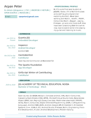 Arpan Peter Internshala Resume - Ar pan Peter rp np eter@g mail. c om 9 ...