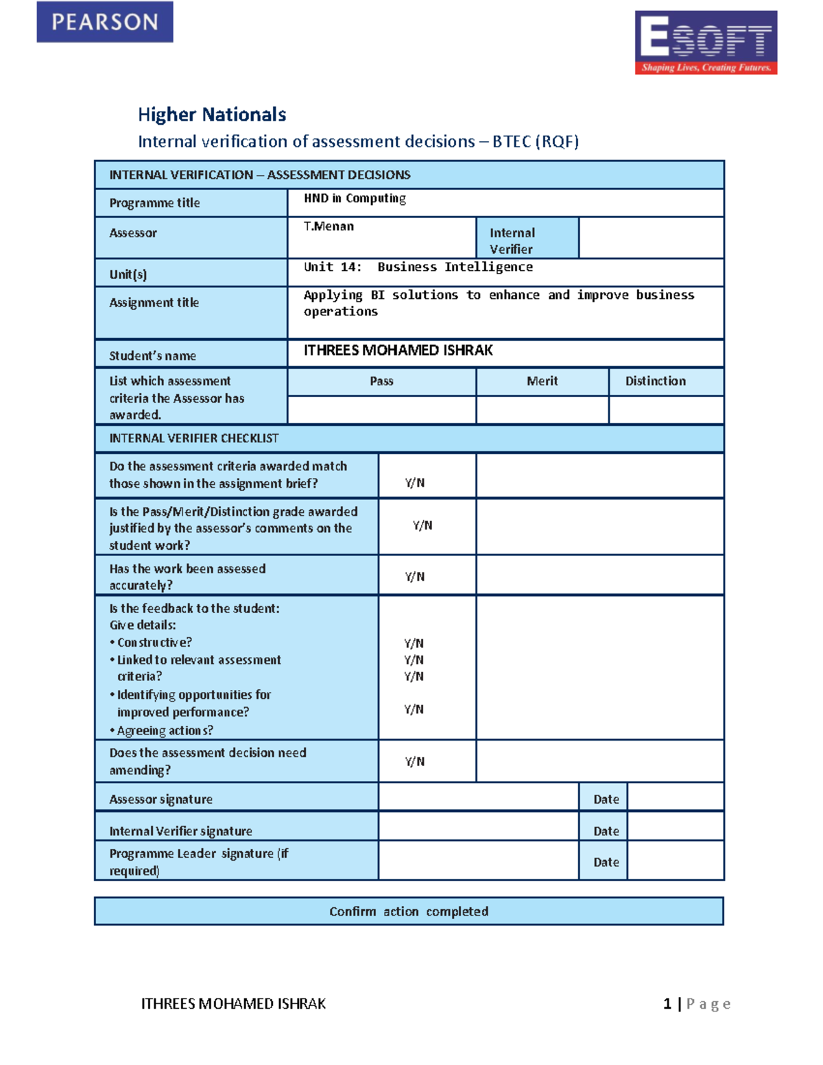 BI Assignment 00028923 Esoft - Higher Nationals Internal verification ...