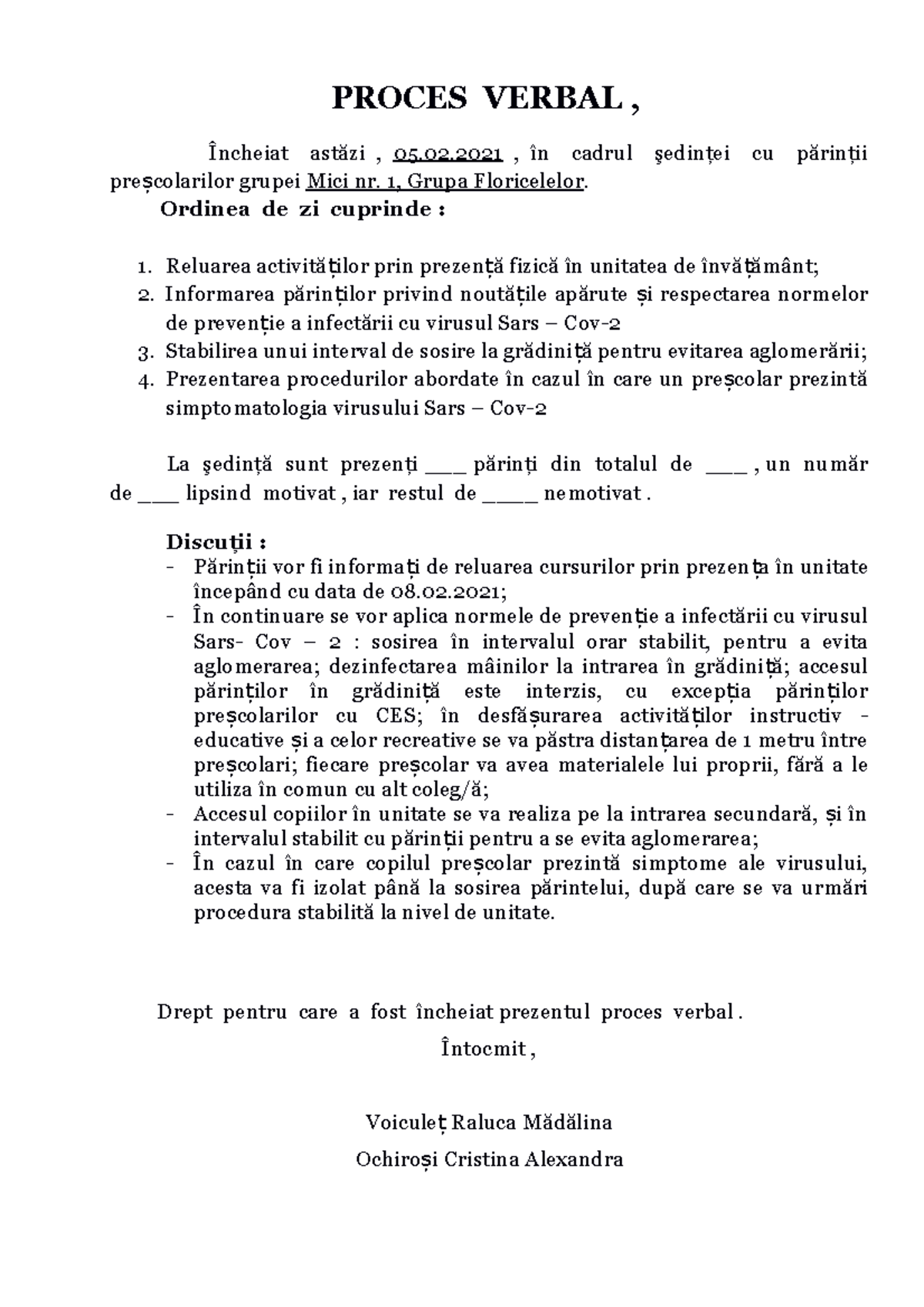 494210504 Proces Verbal Sedinta Cu Parintii - PROCES VERBAL , Încheiat astăzi , 05.02 , în ...