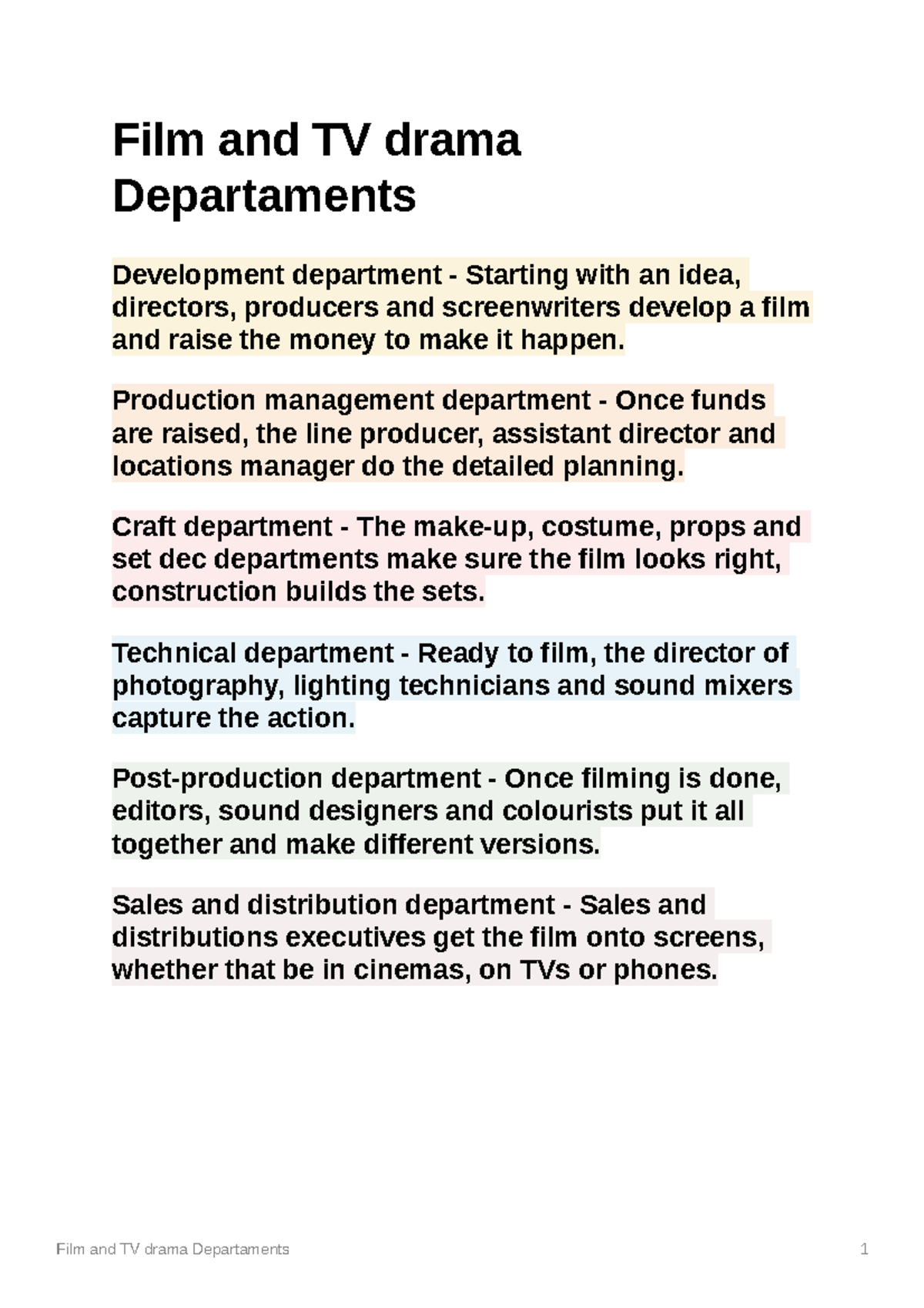 Film and TV drama Departaments - Production management department ...