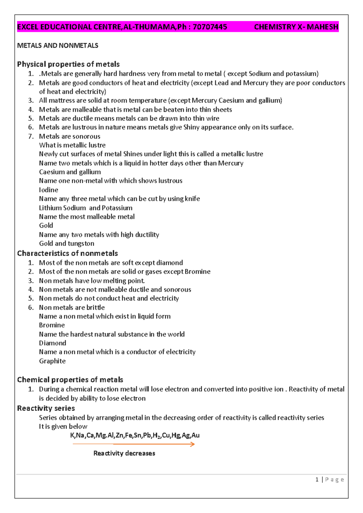 Metals AND NON Metals Class Notes - METALS AND NONMETALS Physical ...