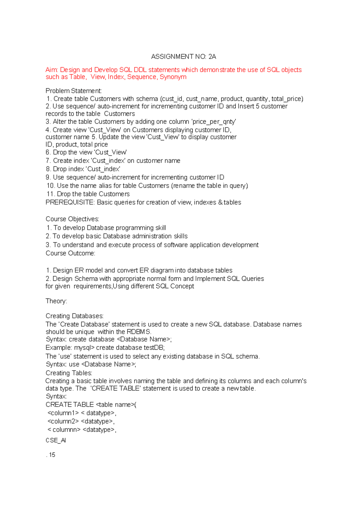 afafaasffffffffffffffffffffff - ASSIGNMENT NO: 2A Aim: Design and Develop SQL DDL statements ...
