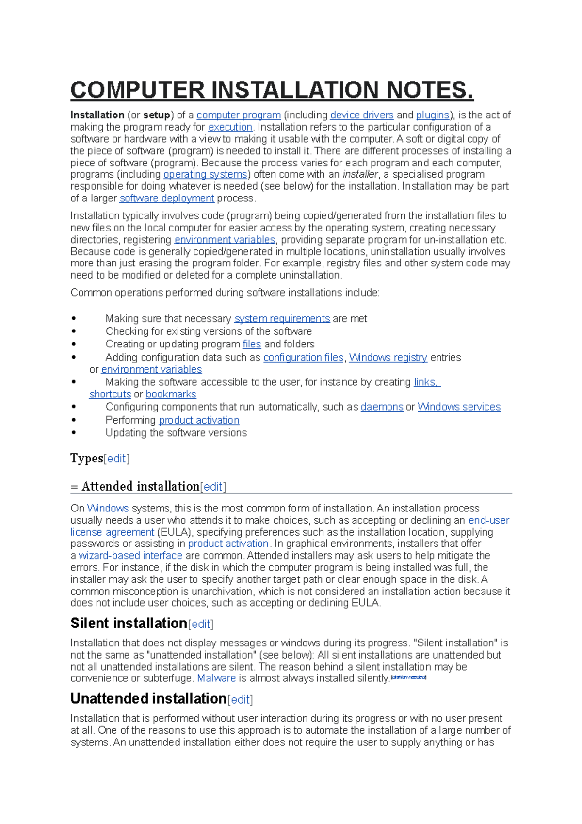 Computer installation notes - COMPUTER INSTALLATION NOTES. Installation ...