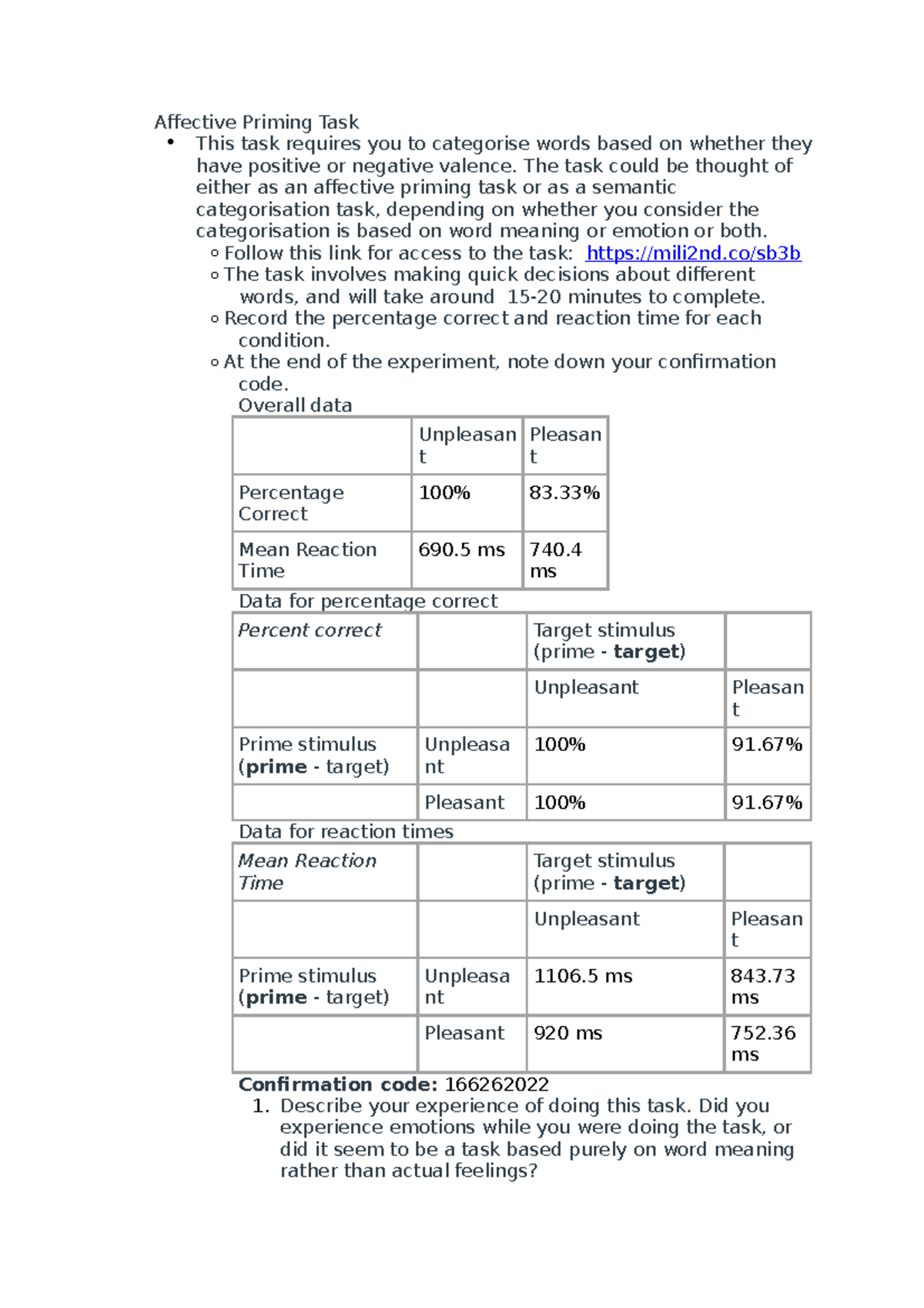Week 5 - workbook activities cognitive psychology - Affective Priming ...
