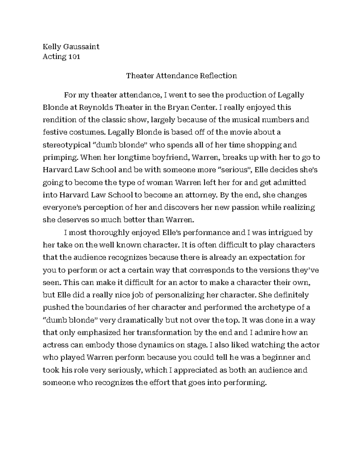Theater Reflection - Kelly Gaussaint Acting 101 Theater Attendance ...
