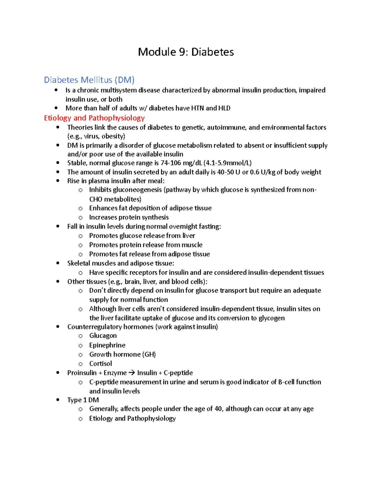 Module 9 - Notes - Module 9: Diabetes Diabetes Mellitus (DM) Is a ...