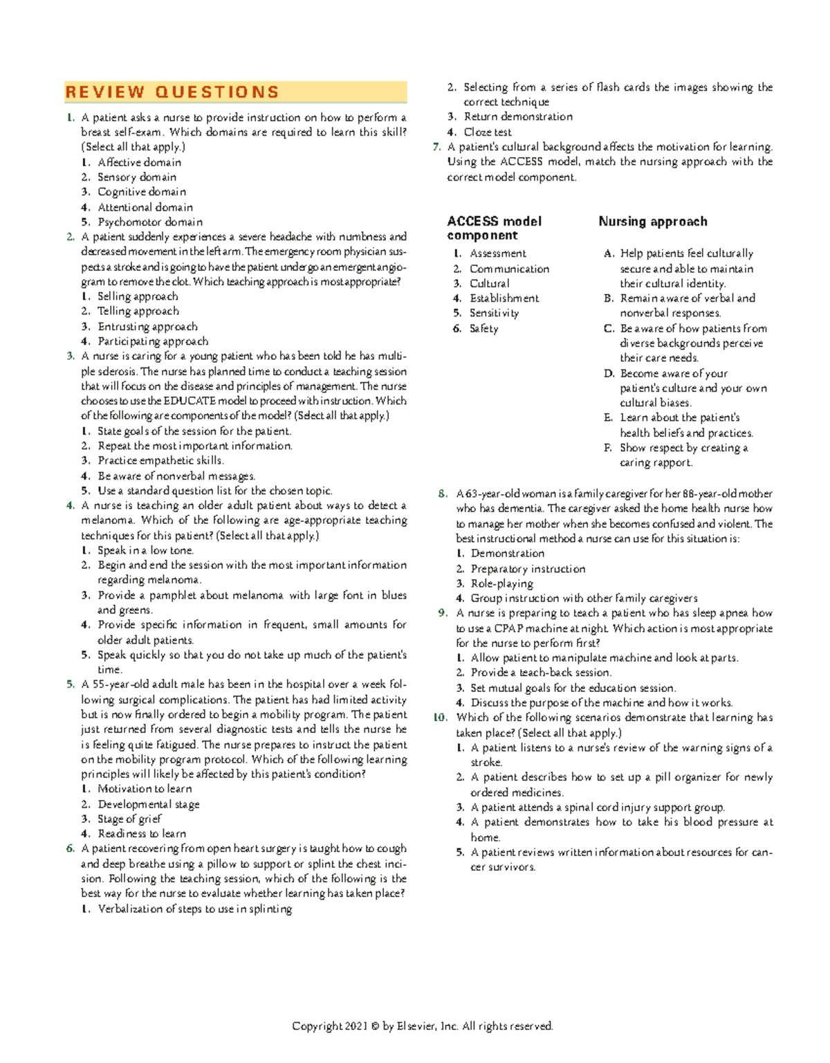 Fundamentals of Nursing Chapter 25 Reading Questions - R E V I E W Q U ...