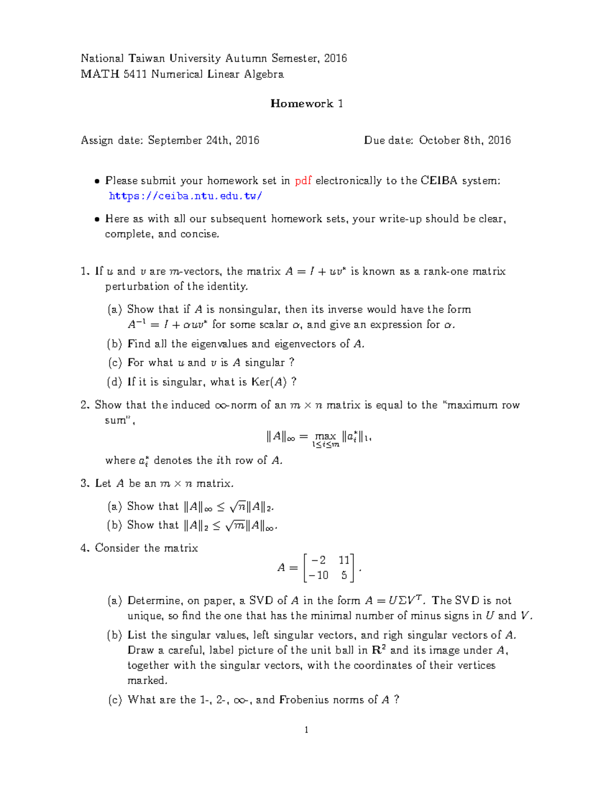 Nla hw1 - MATH 5411 Numerical Linear Algebra Homework 1 - National ...