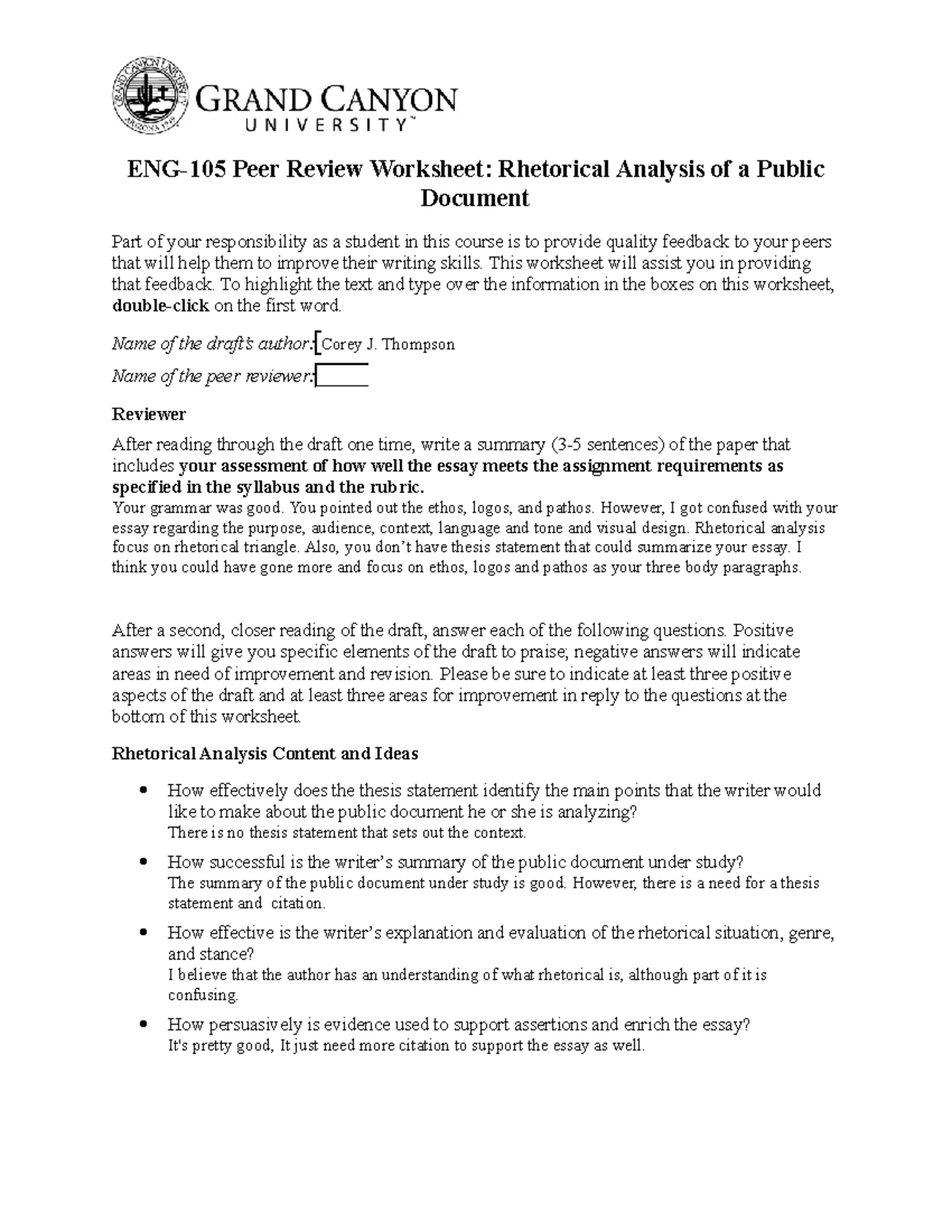 ENG-105-RS-Rhetorical Analysis Peer Review Worksheet Online - ENG-105 ...