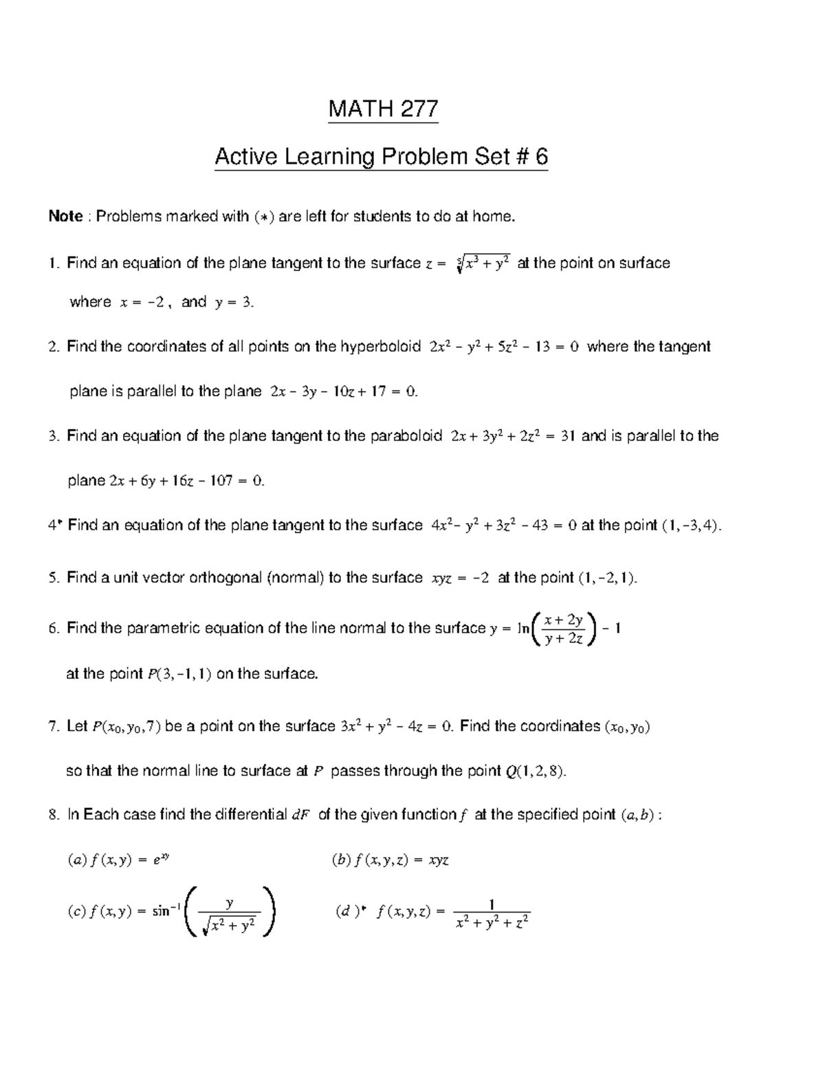Active Learning Problem Set # 7 - MATH 277 Active Learning Problem Set ...