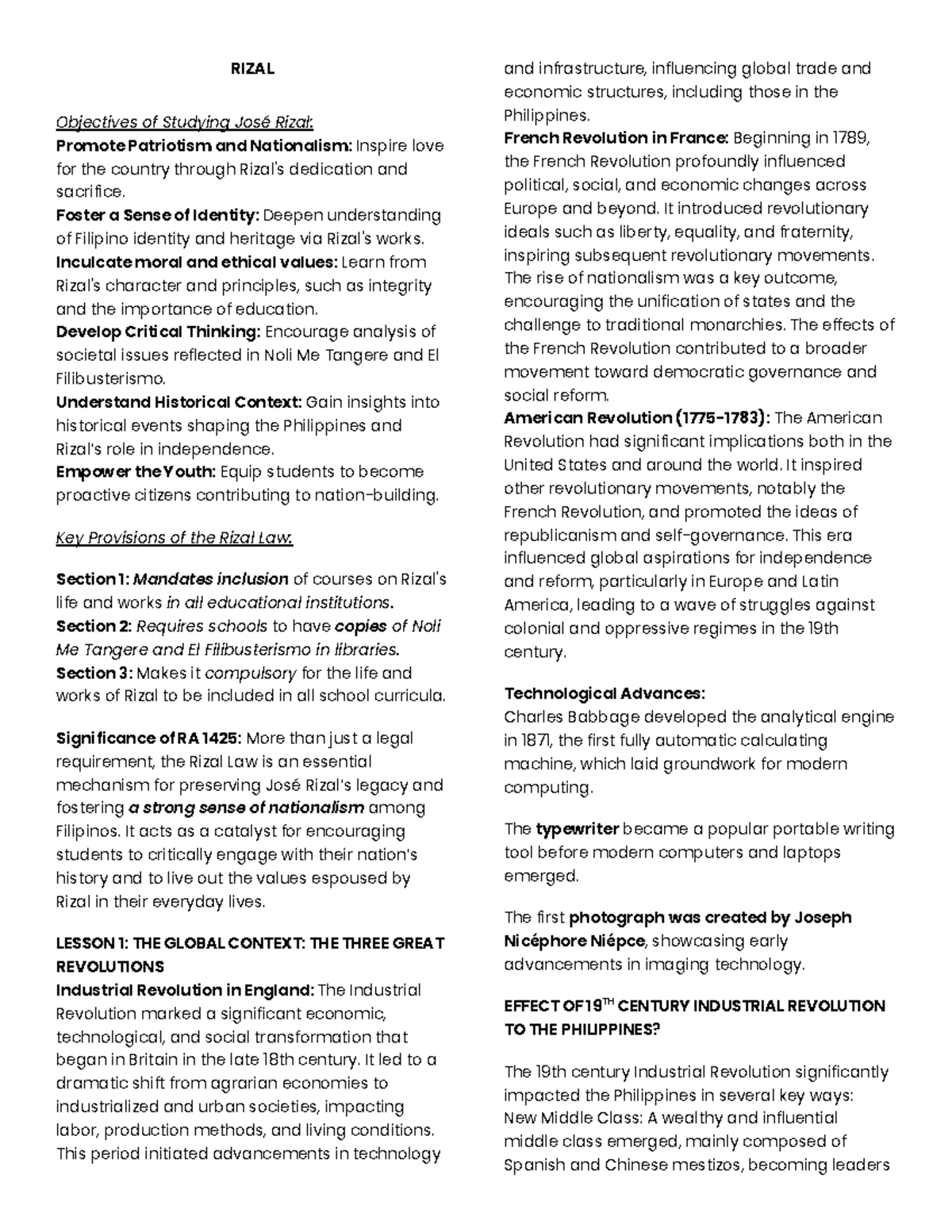 Rizal - RIZAL Objectives of Studying José Rizal: Promote Patriotism and ...