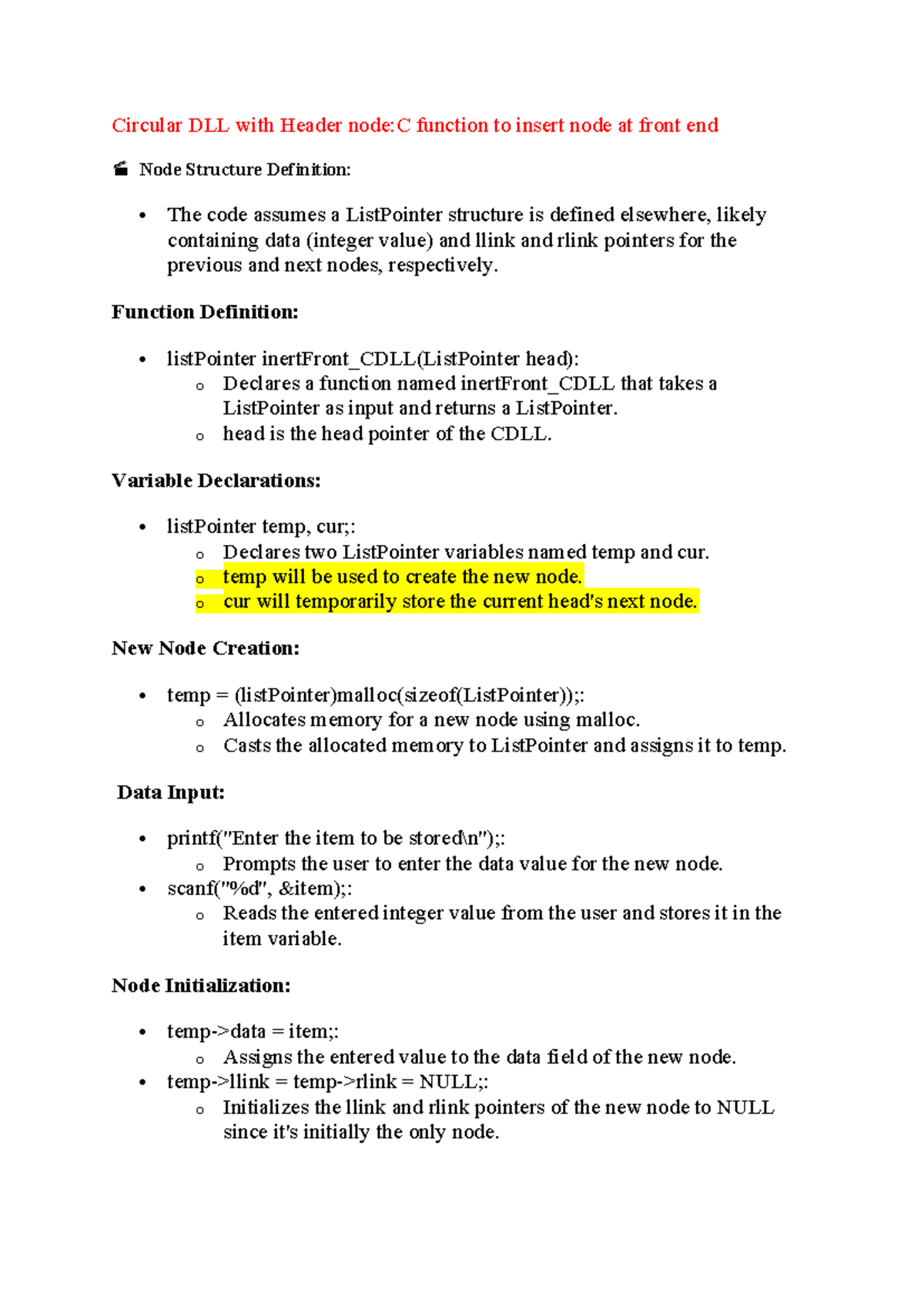 Circular DLL with Header node - Function Definition: listPointer ...