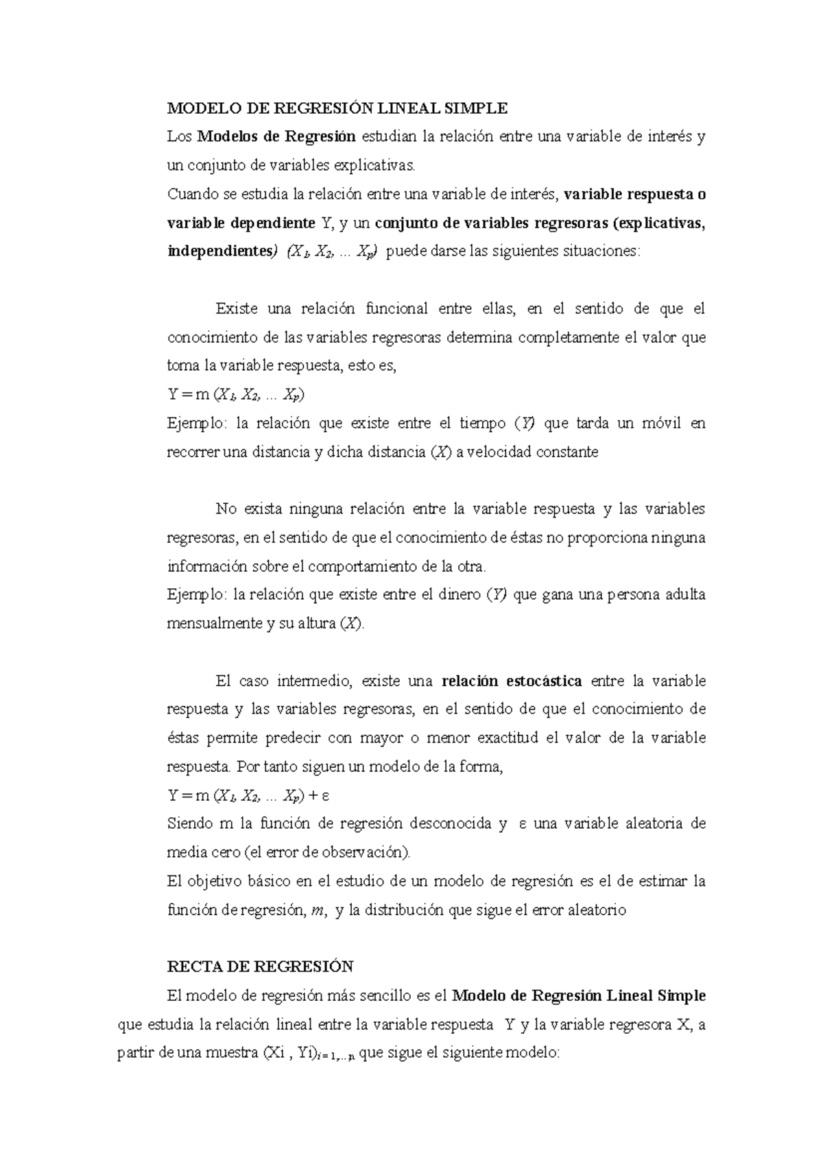 Regresión Lineal - MODELO DE LINEAL SIMPLE Los Modelos de estudian la ...