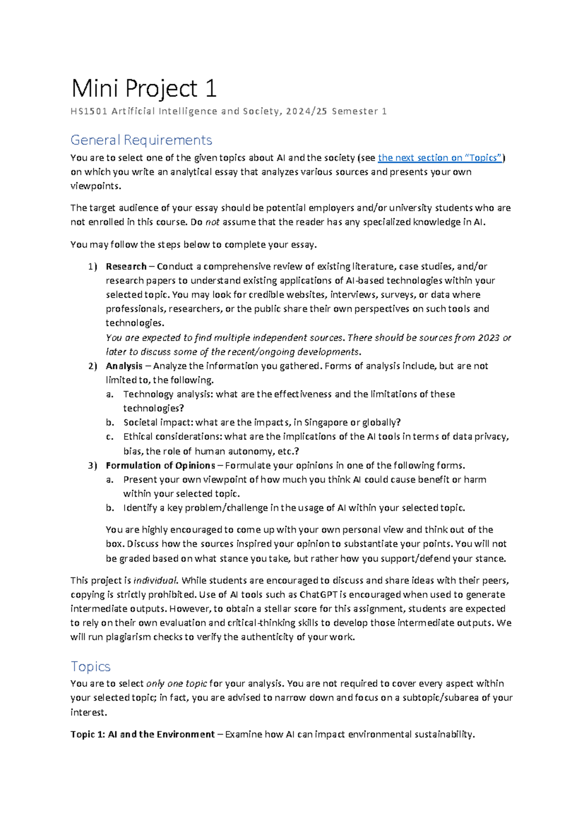 Miniproj 1 - assignment descriptor - Mini Project 1 HS1501 Artificial Intelligence and Society ...