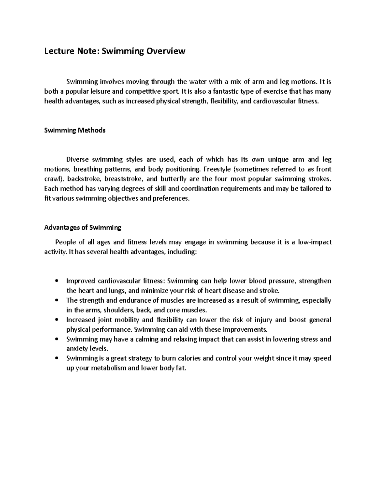 Lecture Notes - Swimming - Lecture Note: Swimming Overview Swimming ...