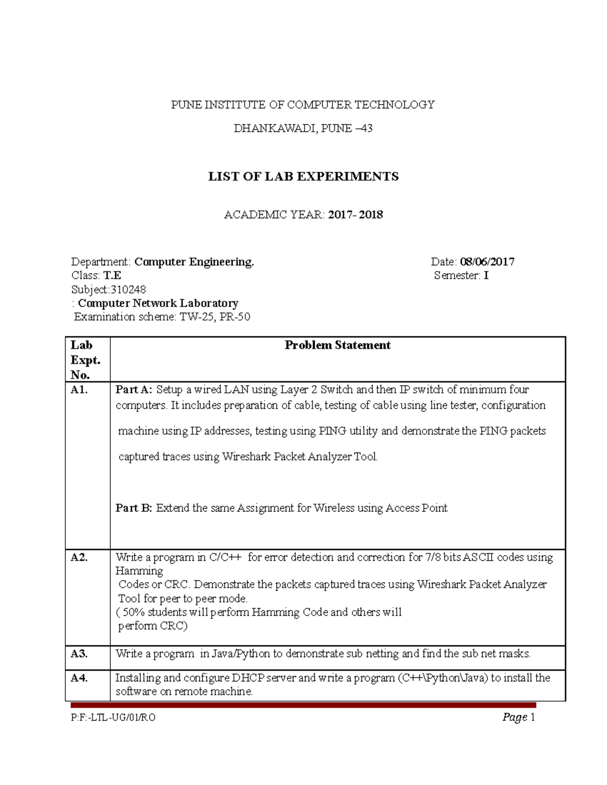 CNL-lab LIST OF Assignments - PUNE INSTITUTE OF COMPUTER TECHNOLOGY ...