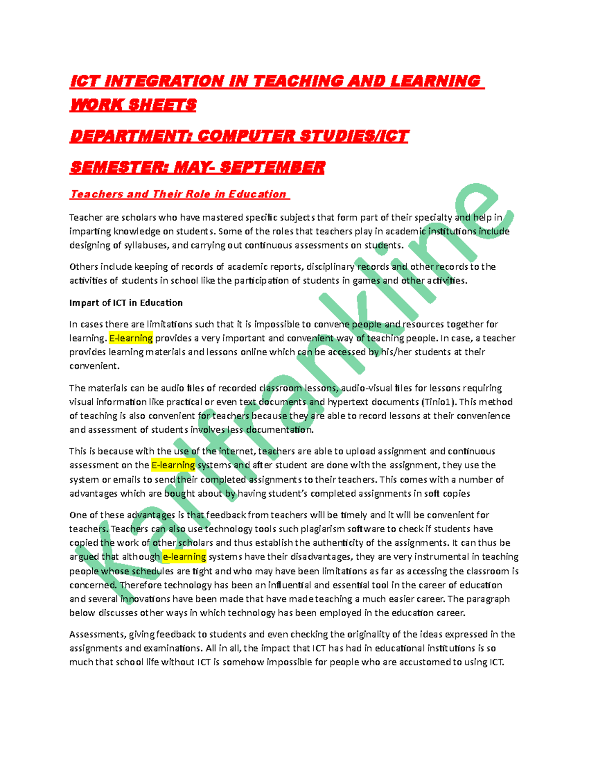 ICT Integration IN Teaching AND Learning WORK Sheets - ICT INTEGRATION ...