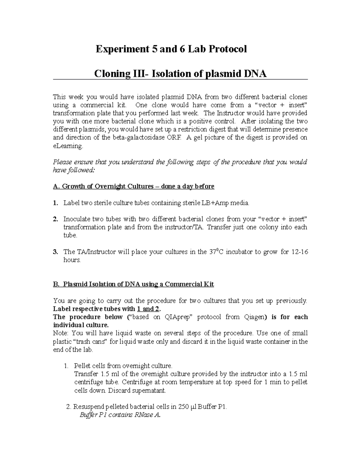 4380 Lab 5-6 Protocol S21 - Experiment 5 and 6 Lab Protocol Cloning III ...