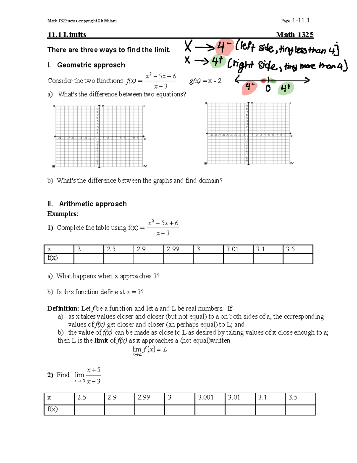 Lessen 11 - 11.1 Limits (Lecture, HW, Quizzes) Exam 1 - Math 1325notes ...