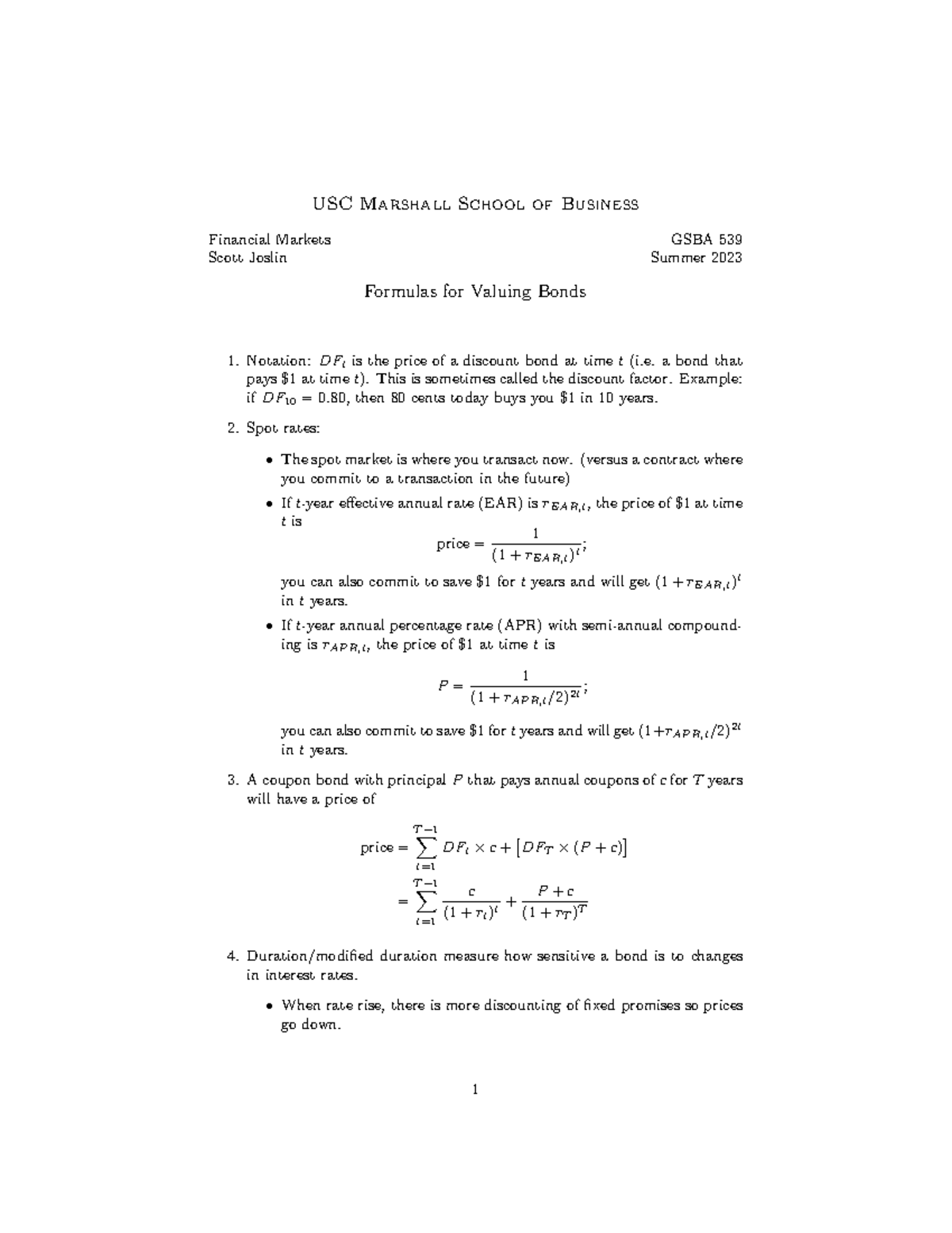 GSBA.539.Fin.Sum23.Formulas - USC Marshall School of Business Financial ...