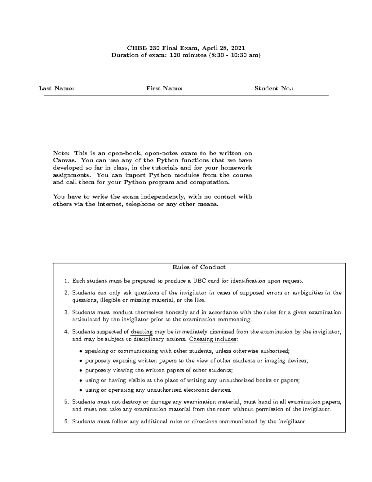 Final 2021 - CHBE 230 Final Exam, April 28, 2021 Duration of exam: 120 ...