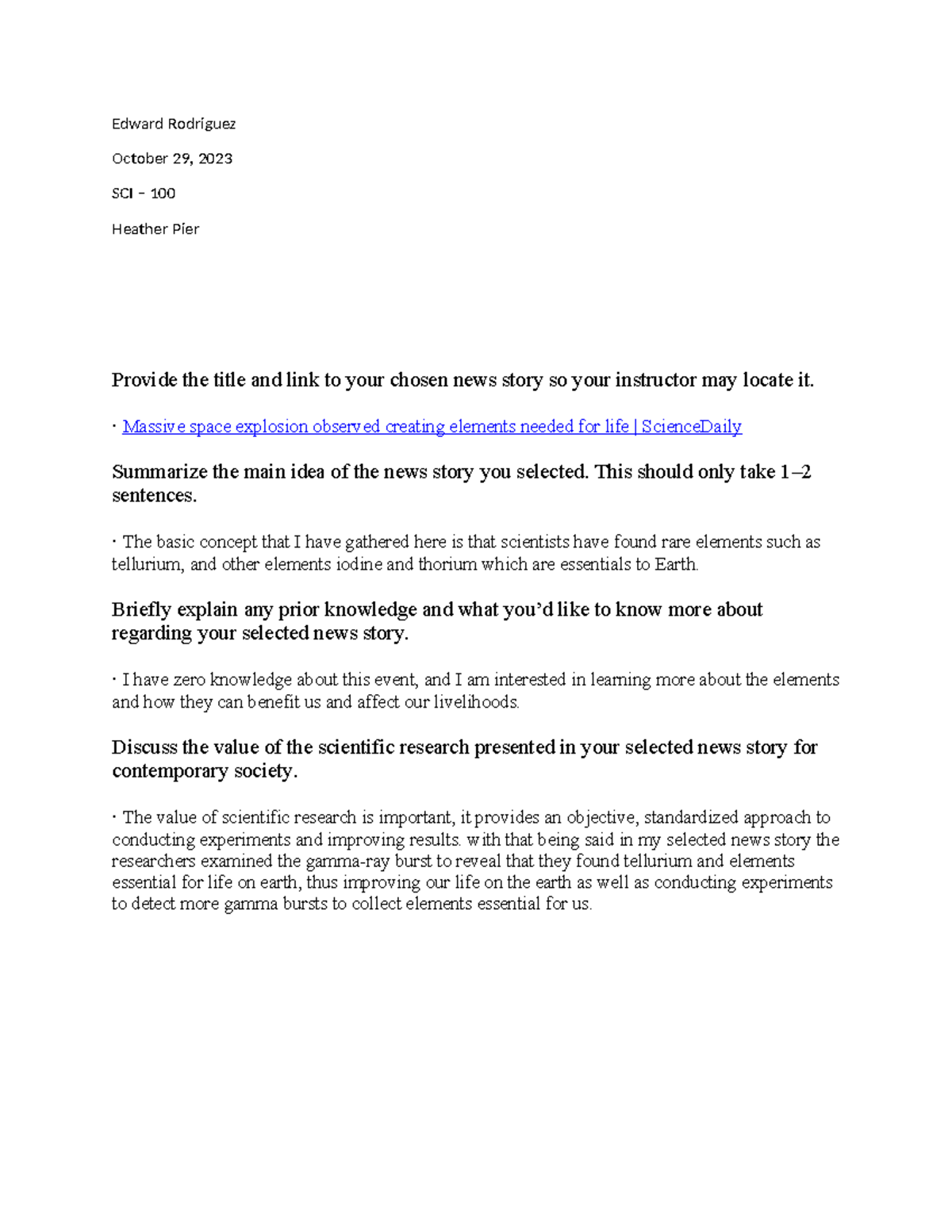 Sci 100 module 1 - yes - Edward Rodriguez October 29, 2023 SCI – 100 ...