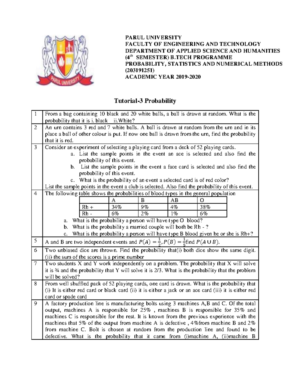 PSNM - Tutorial 3 (Questions) - PARUL UNIVERSITY FACULTY OF ENGINEERING AND TECHNOLOGY ...