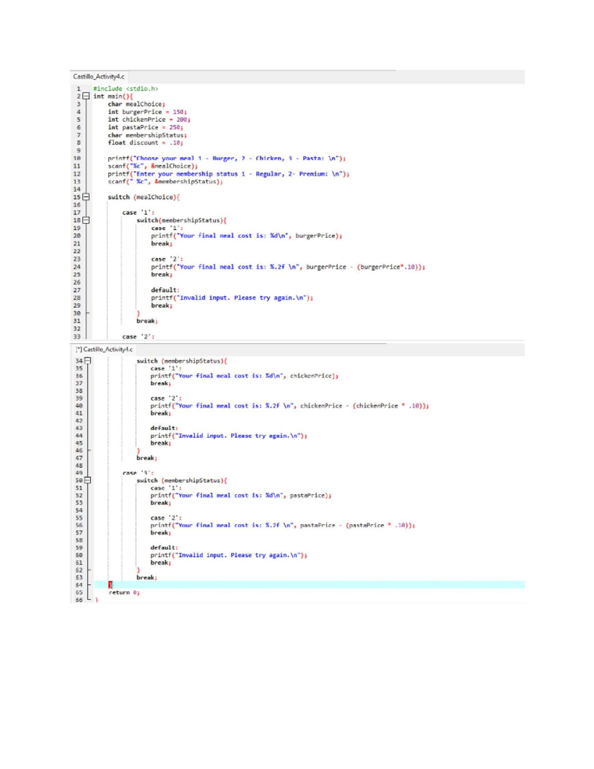 Calculation of the Discounted Price of Meals in C Program - Castillo ...
