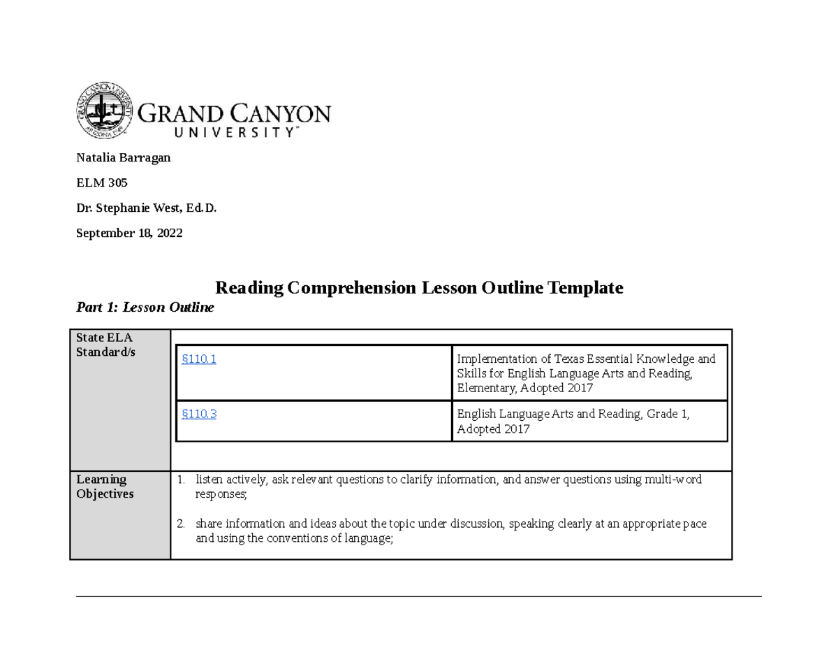 ELM 305 D T7 B Reading Comprehension Lesson Outline - ELM-305 - GCU ...