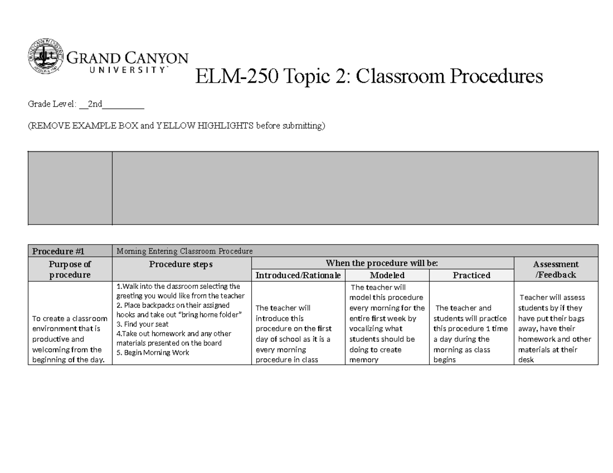 ELM-250 Classroom Procedures - ELM-250 Topic 2: Classroom Procedures ...