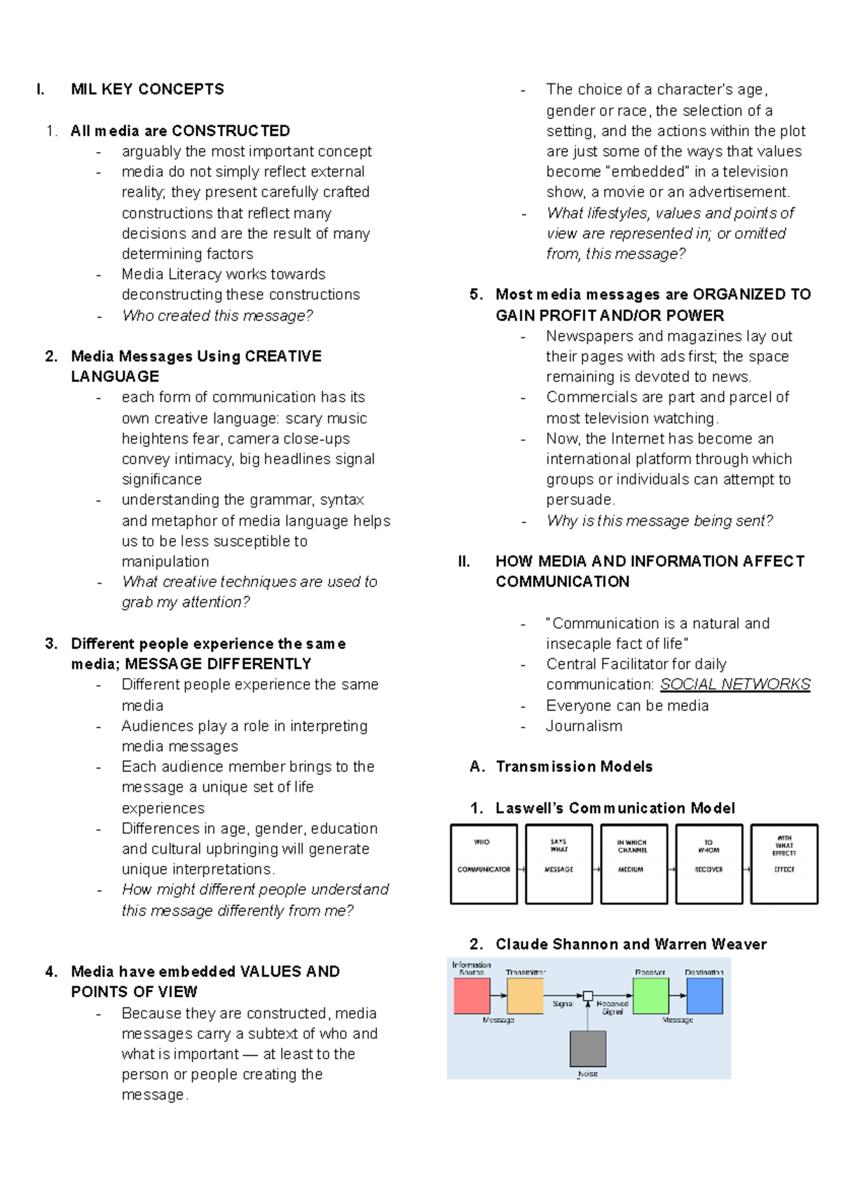 MIL Notes Part 1 - I. MIL KEY CONCEPTS All media are CONSTRUCTED ...
