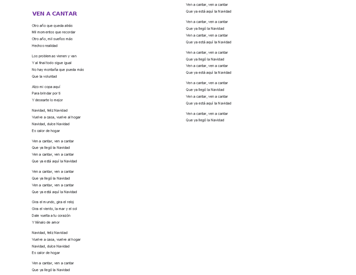 VEN A Cantar - JANE - VEN A CANTAR Otro año que queda atrás Mil ...