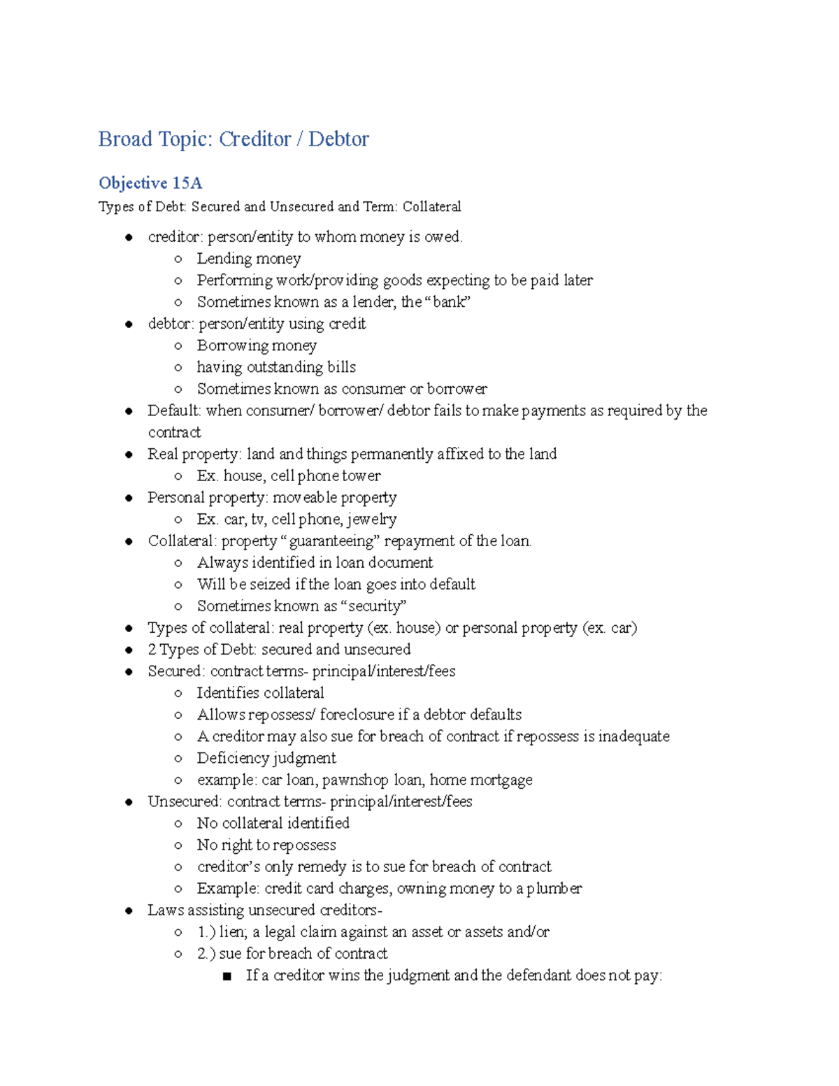 Creditor-Debtor Relations 4 - Broad Topic: Creditor / Debtor Objective ...