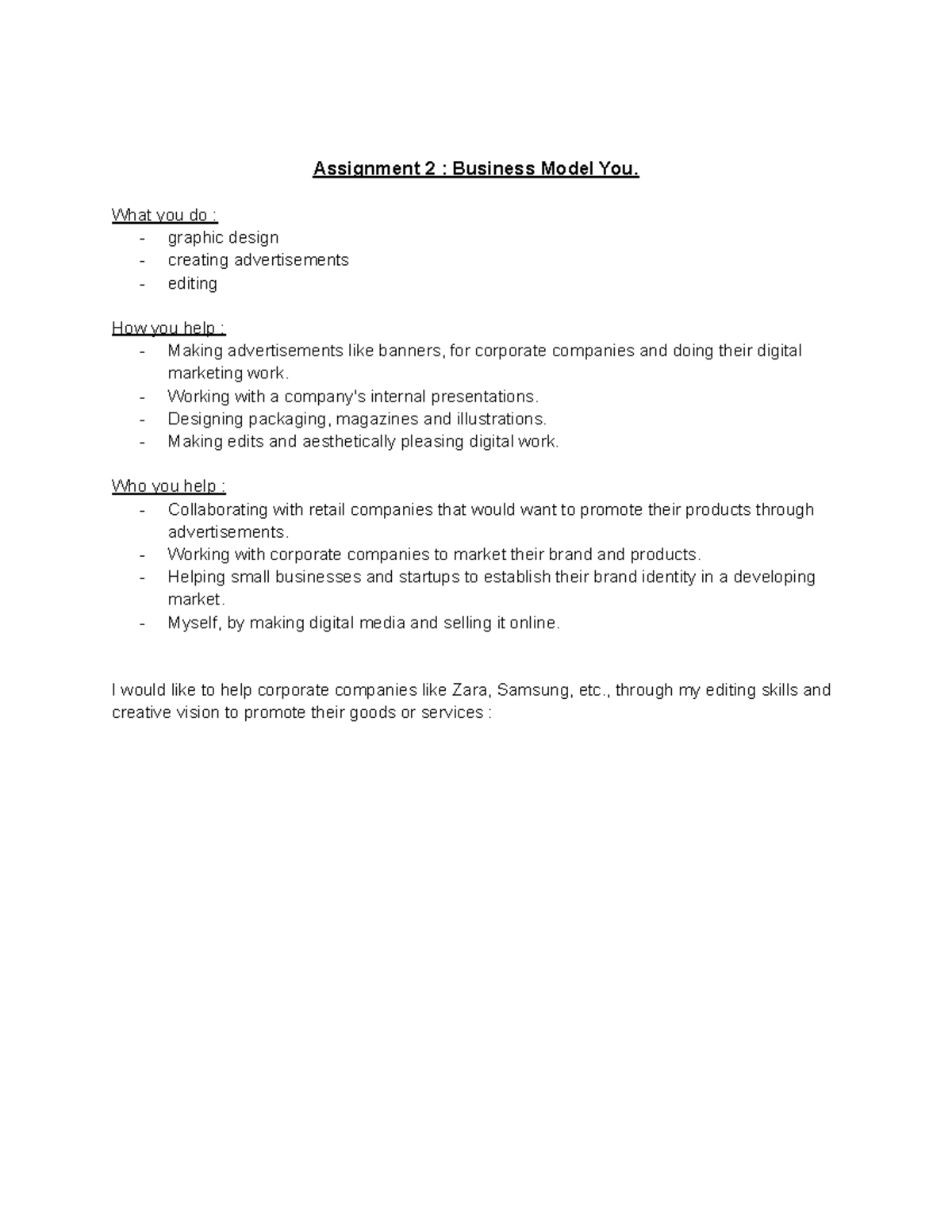 BMYou (part 1) - Assignment 2 : Business Model You. What you do ...