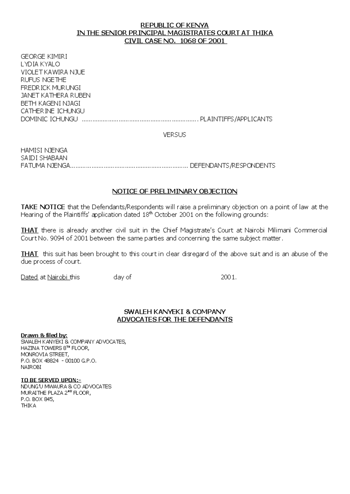 Notice Of Preliminary Objection - REPUBLIC OF KENYA IN THE SENIOR ...
