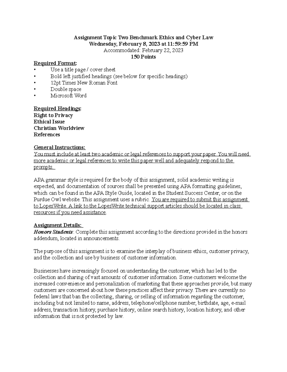 Assignment Topic Two Benchmark Instruction Document Spring 2023-2 ...