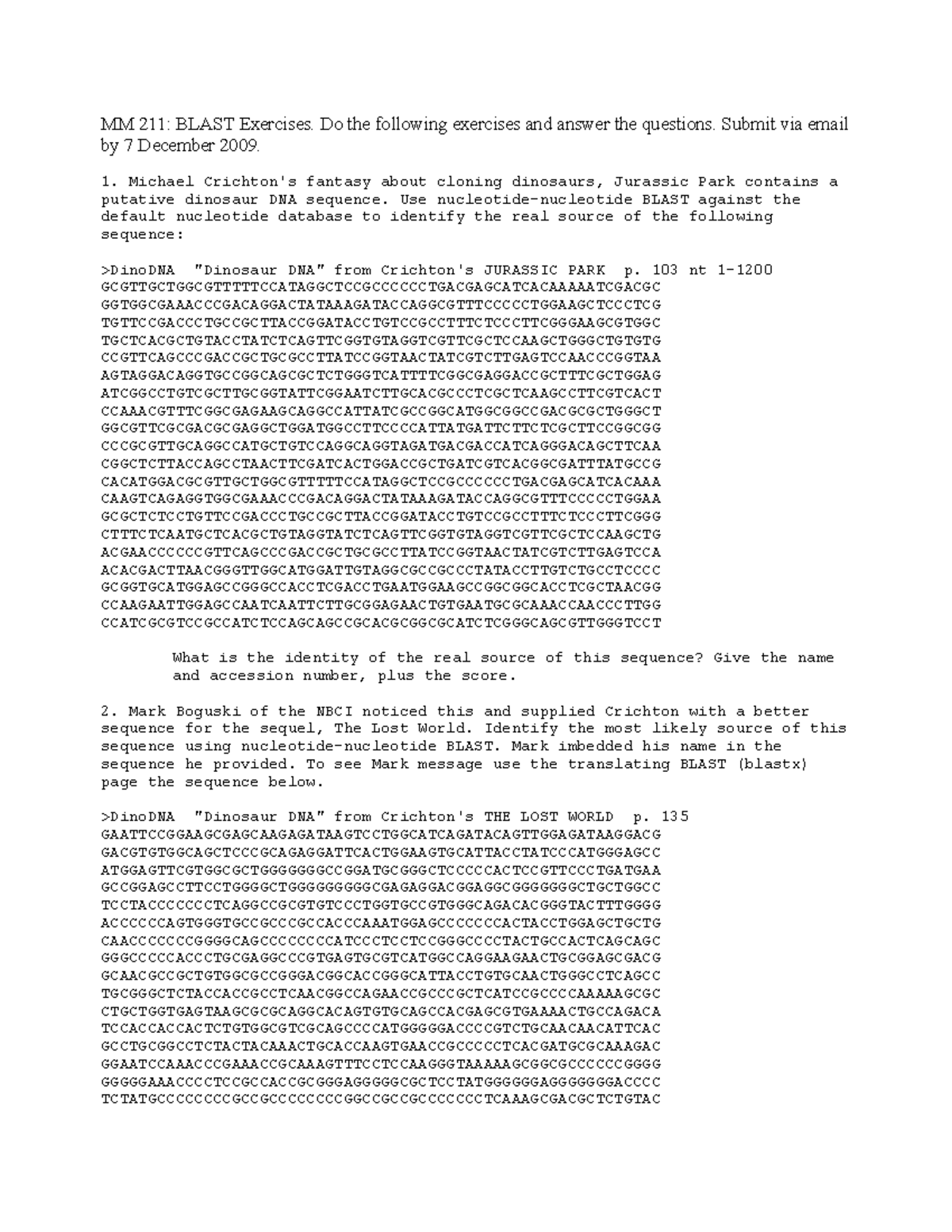 Blast+exercise - Blast - MM 211: BLAST Exercises. Do the following ...