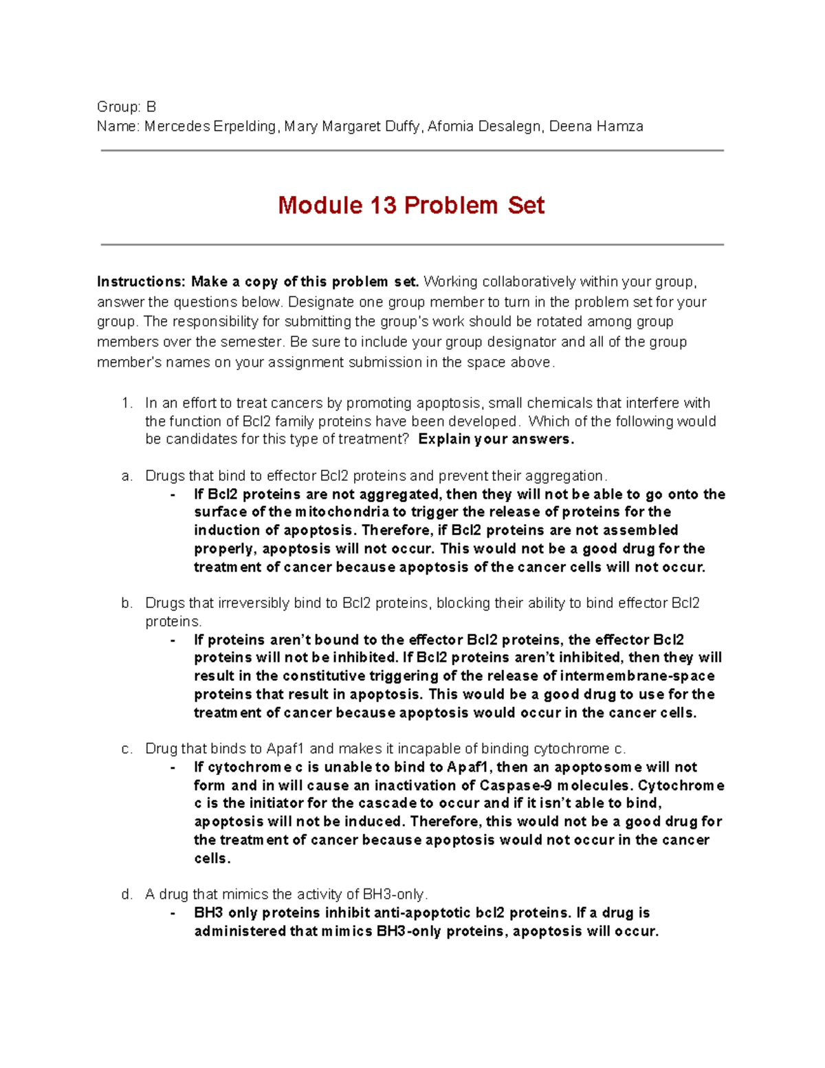Cell Biology Module 13 Problem Set - Group: B Name: Mercedes Erpelding ...