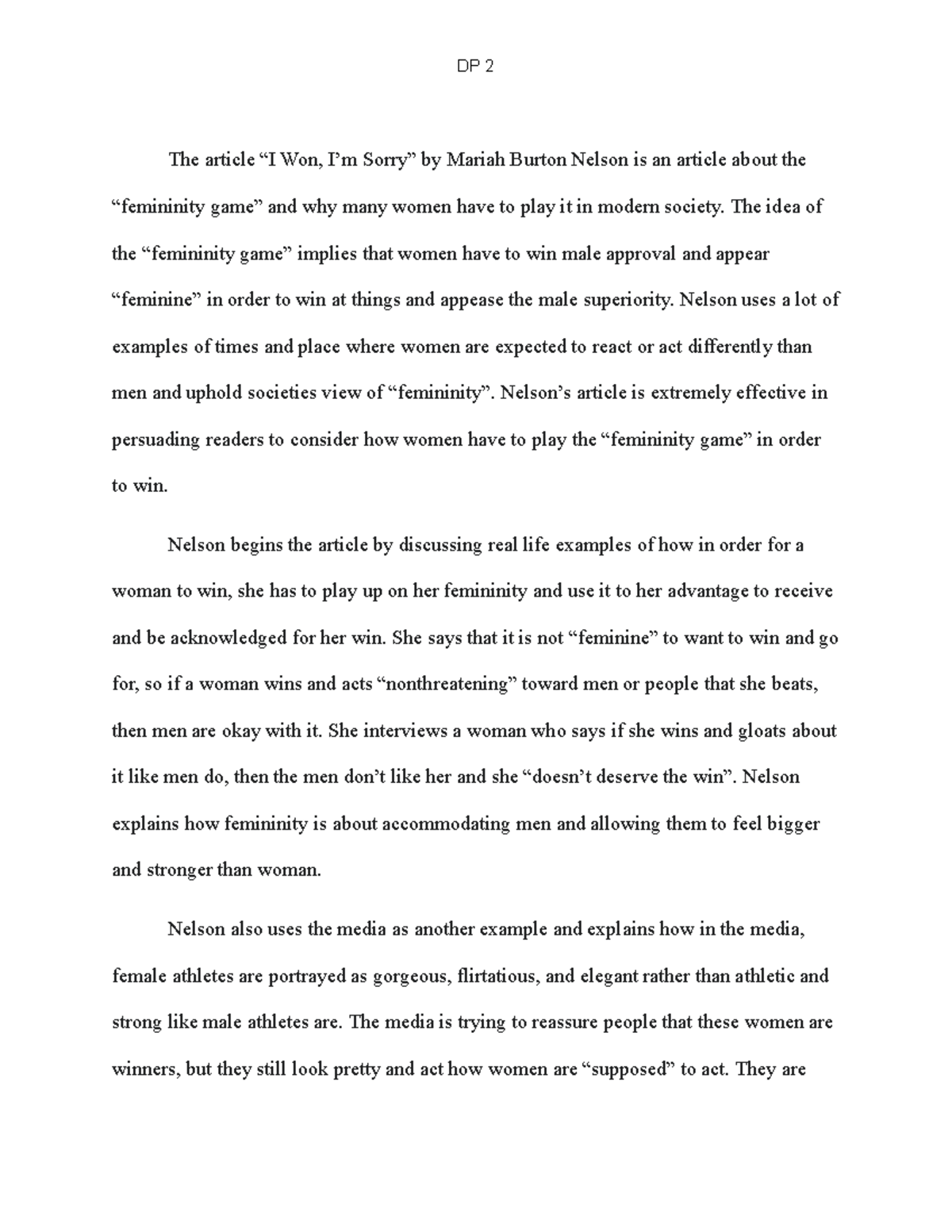 DP 2 - Prof. O - DP 2 The article “I Won, I’m Sorry” by Mariah Burton Nelson is an article about ...