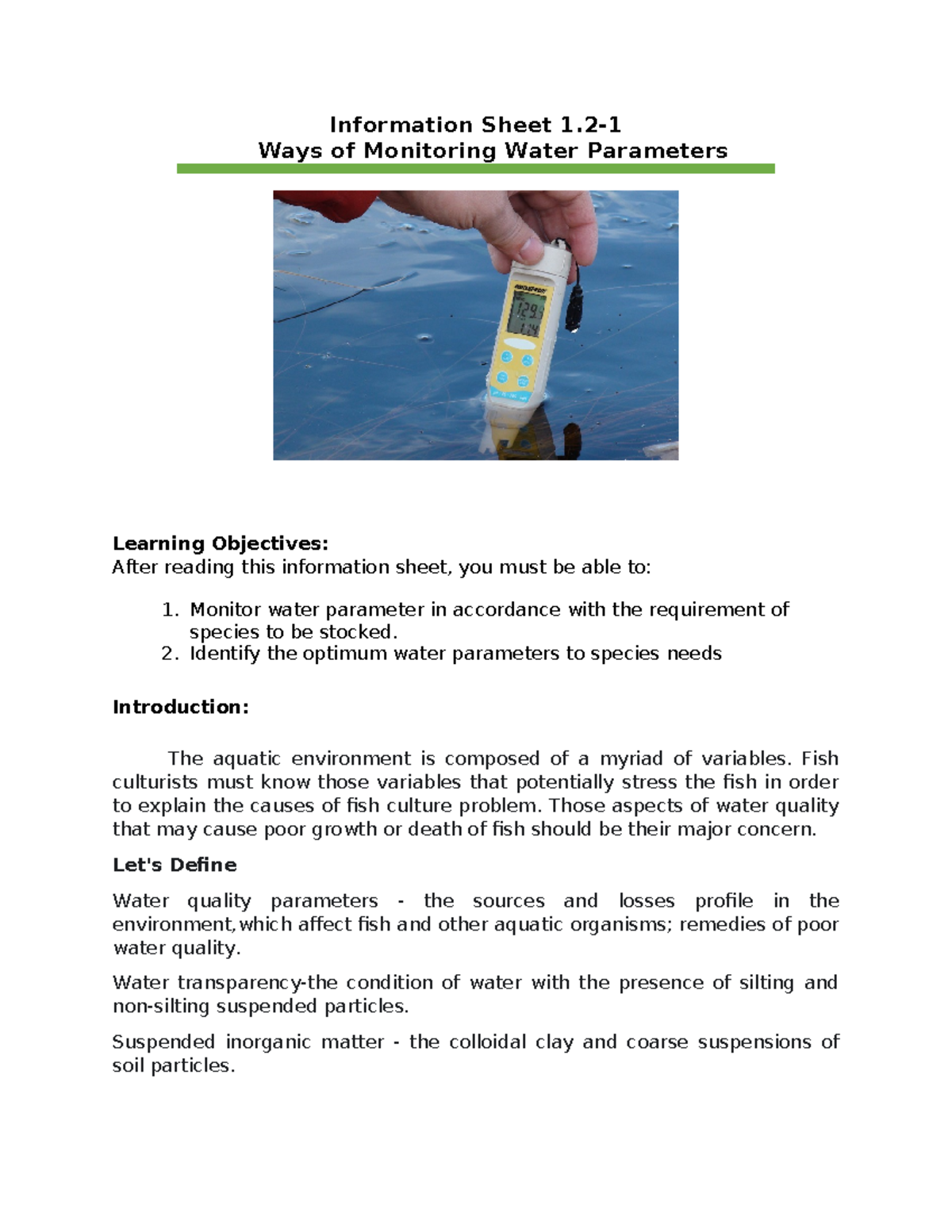 Cblm - learning content about aquaculture - Information Sheet 1- Ways ...