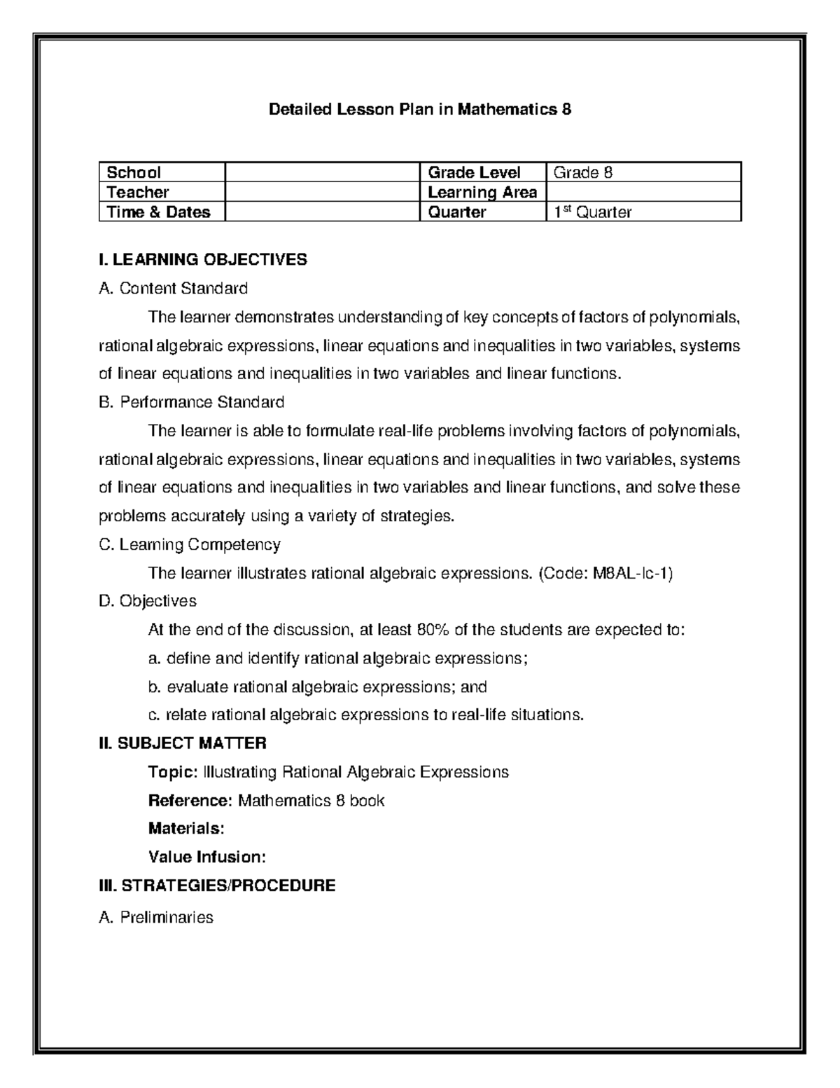 Grade 8 Unit 3 Linear Equations and