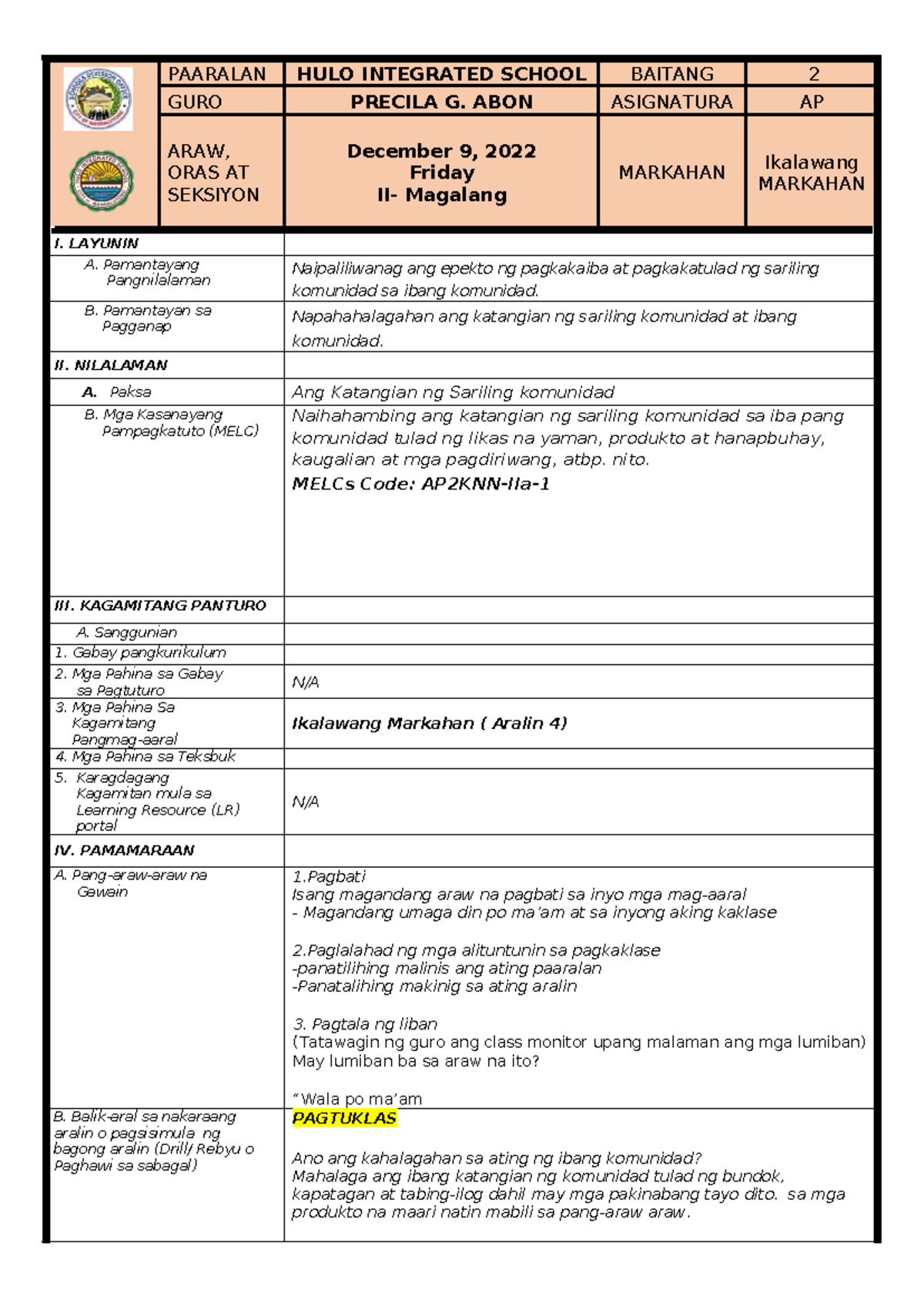 Dec-9 - Lesson Plan - PAARALAN HULO INTEGRATED SCHOOL BAITANG 2 GURO ...
